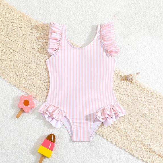 Xdegoge Kids Girls One Piece Swimsuit Ruffle Trim Striped Design Full ...