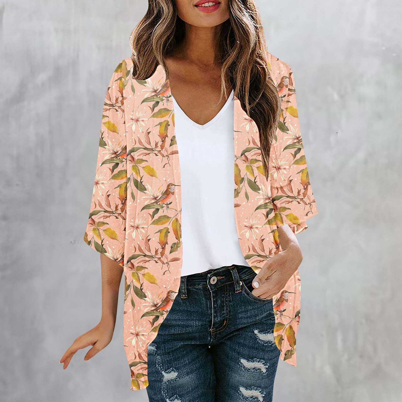 Xdegoge Kimonos Cardigans for Women Lightweight 3/4 Sleeve Floral Print ...
