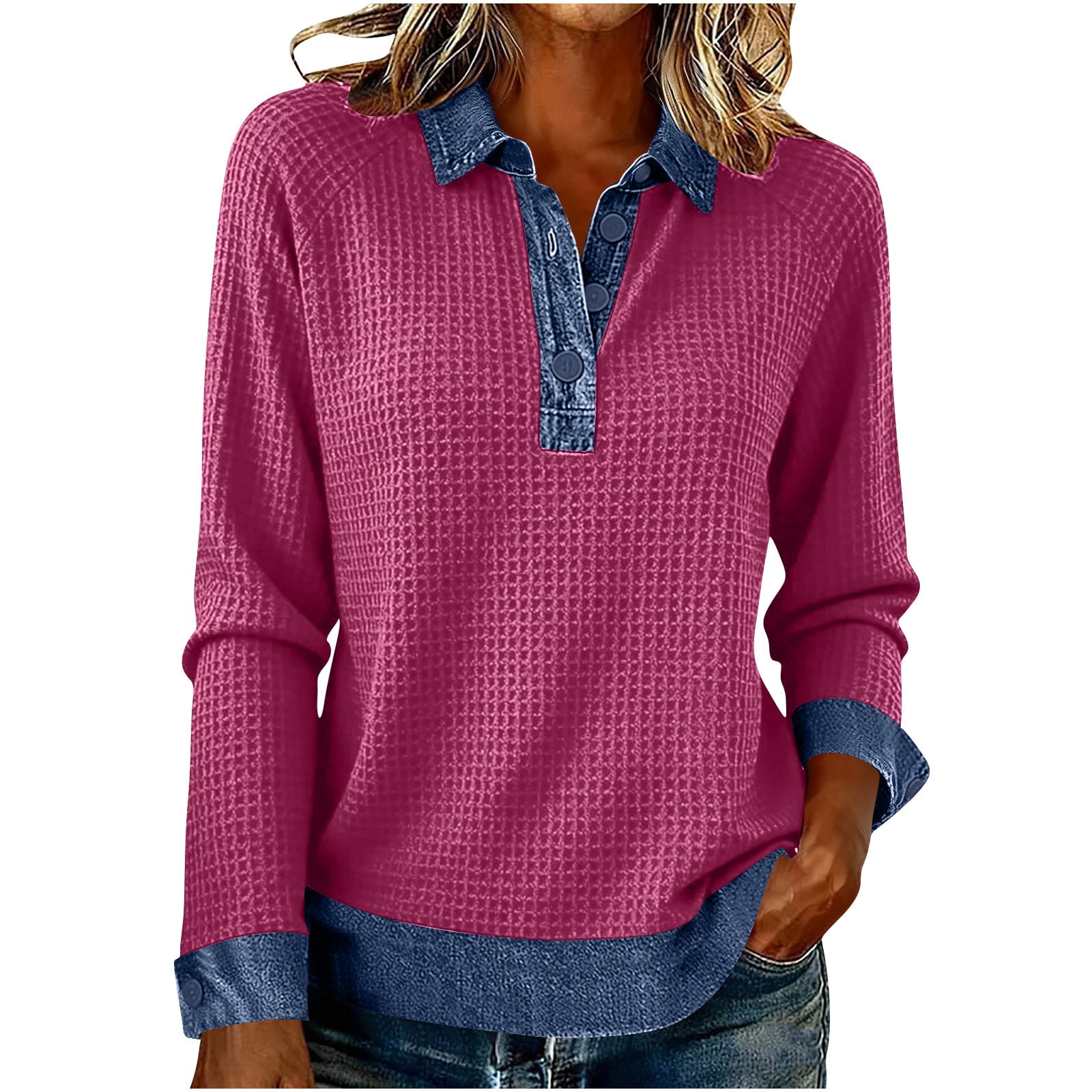 Xdegoge Knit Sweater for Women Denim Patchwork Collar and Cuffs, Button ...