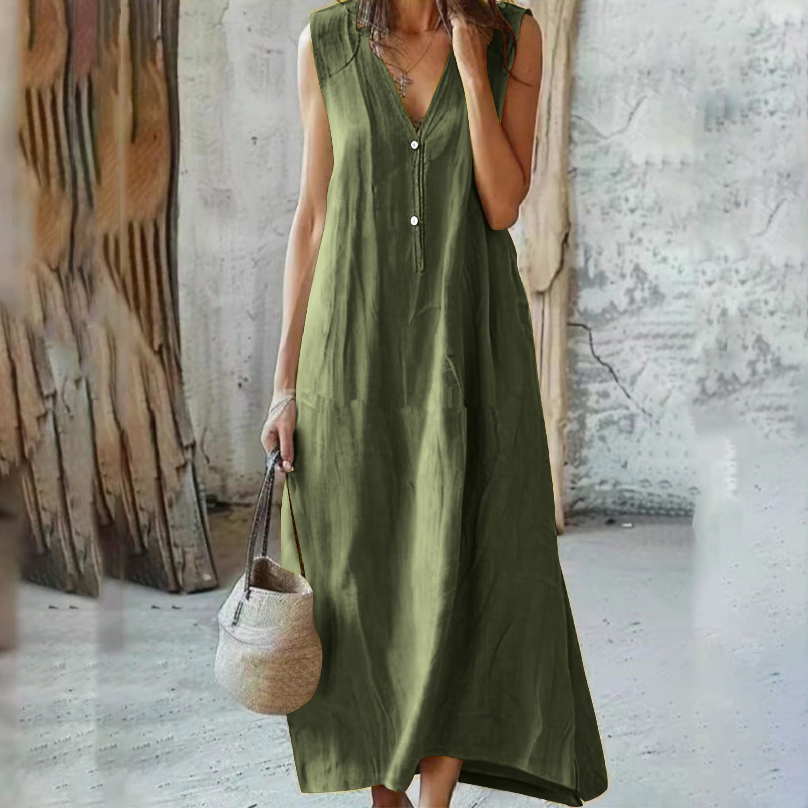Xdegoge Linen Dresses for Women Loose Fit V Neck Sleeveless Tank Dress ...
