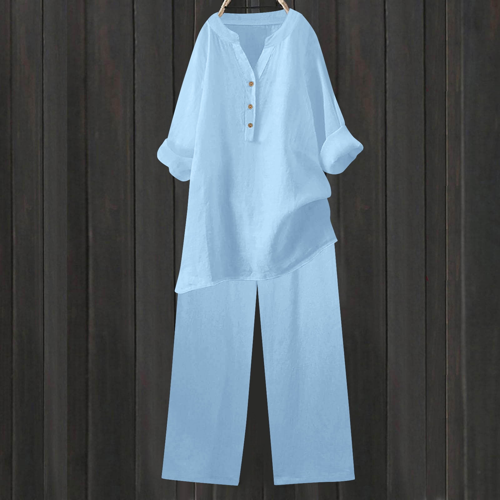 Xdegoge Linen Sets for Women 2 Piece Plus Size Long Sleeve V Neck ...