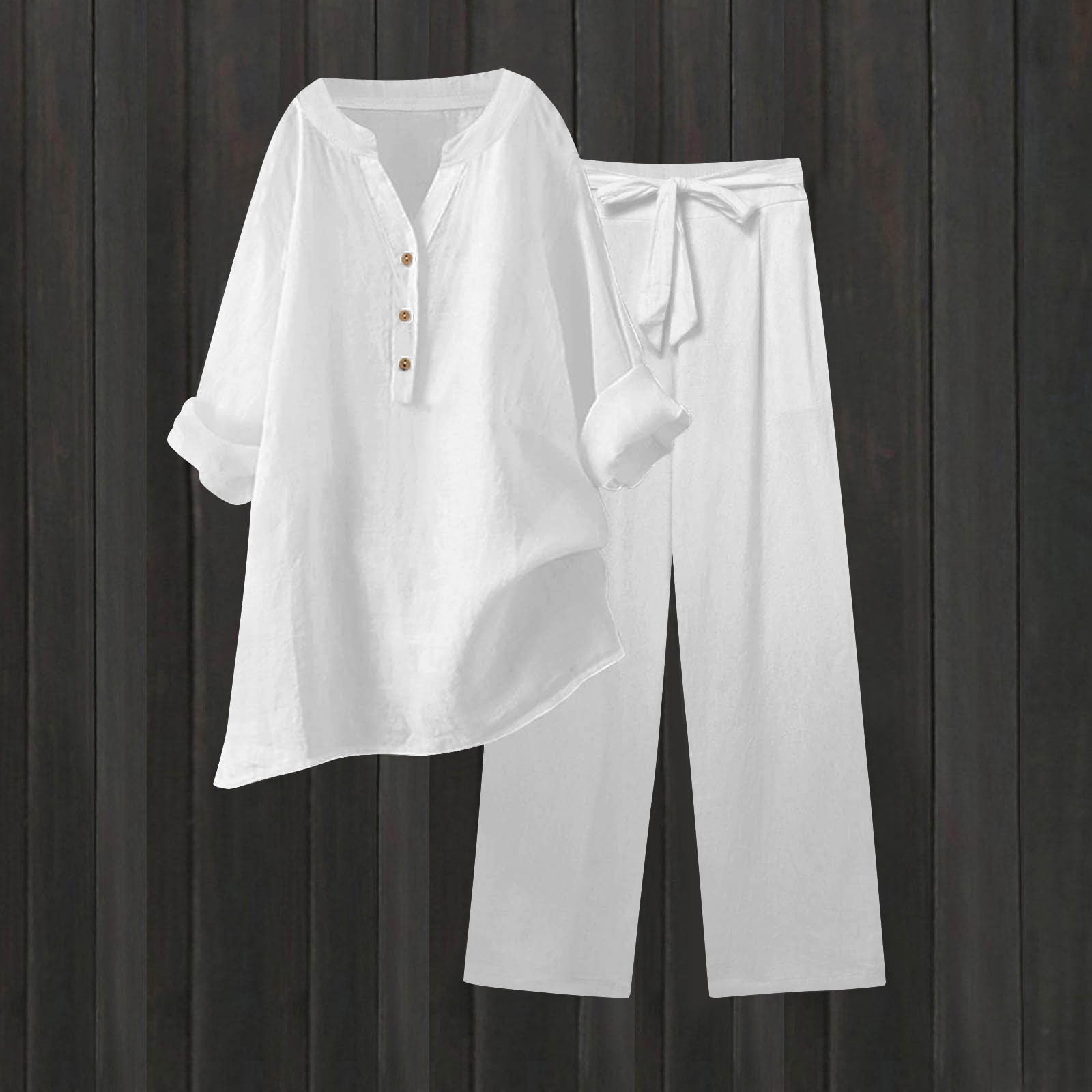 Xdegoge Linen Sets for Women 2 Piece Plus Size Long Sleeve V Neck ...