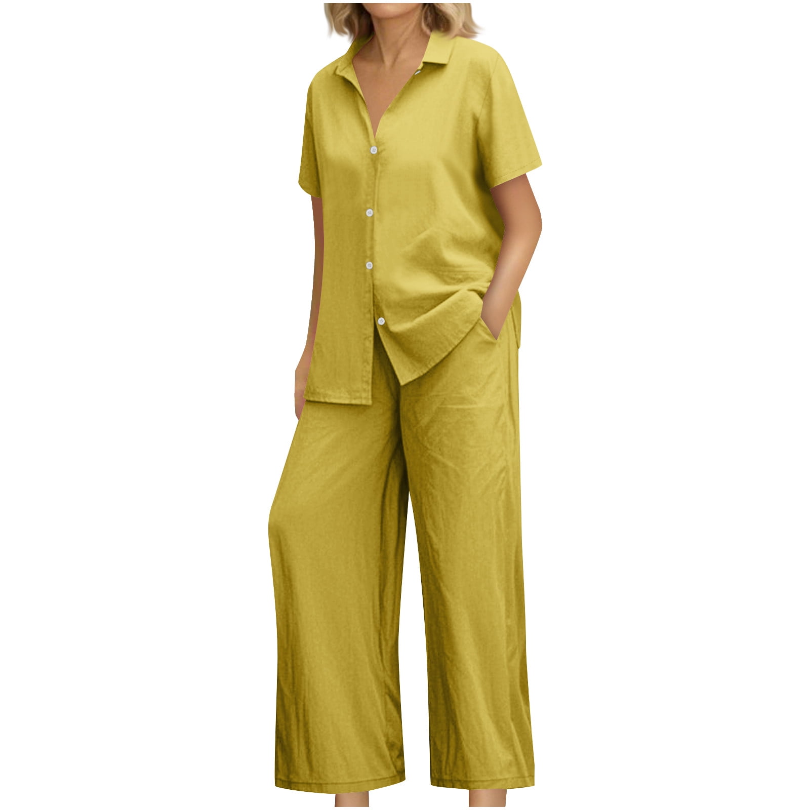 Xdegoge Linen Sets for Women 2 Piece Short Sleeve Shirts and Wide Leg ...