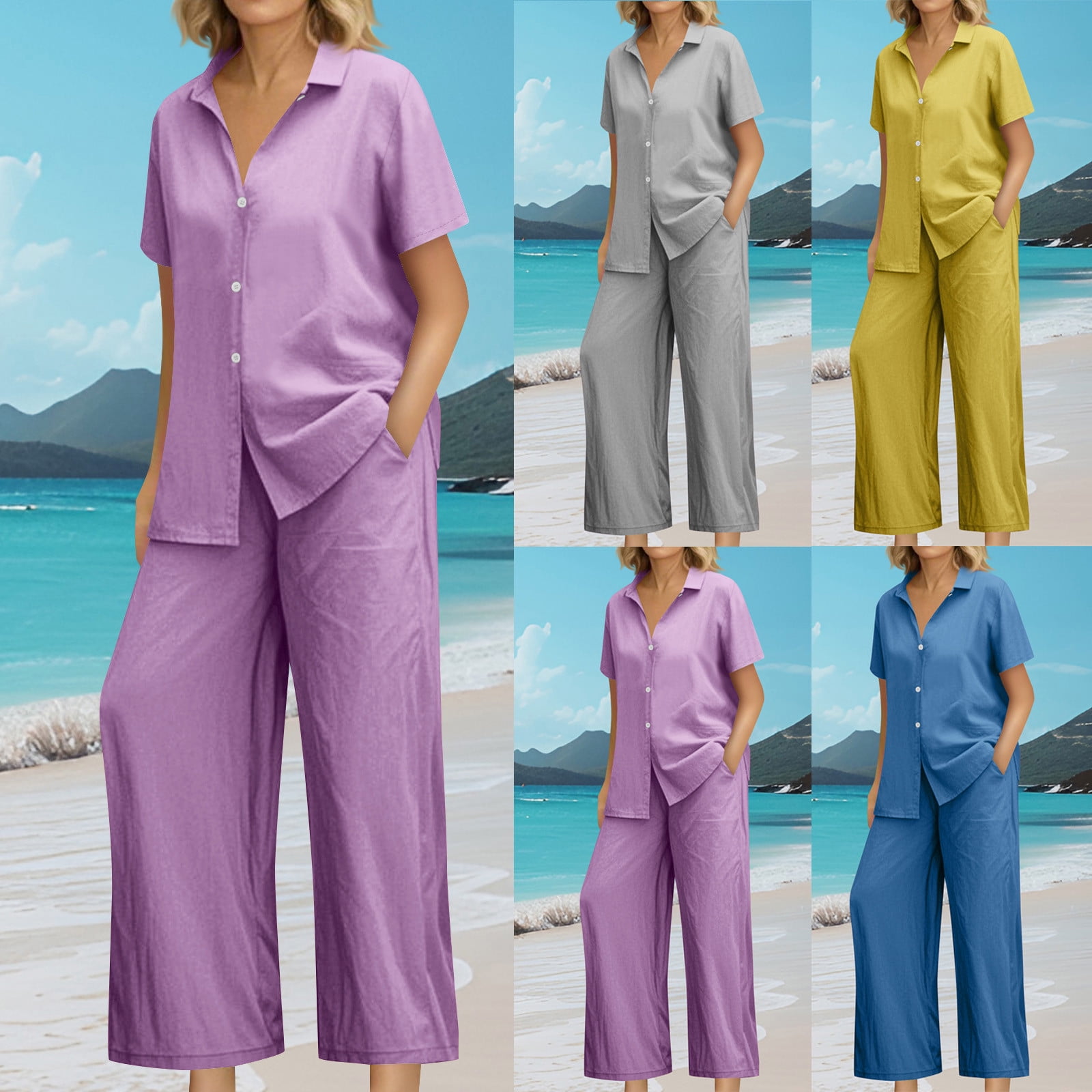 Xdegoge Linen Sets for Women 2 Piece Short Sleeve Shirts and Wide Leg ...