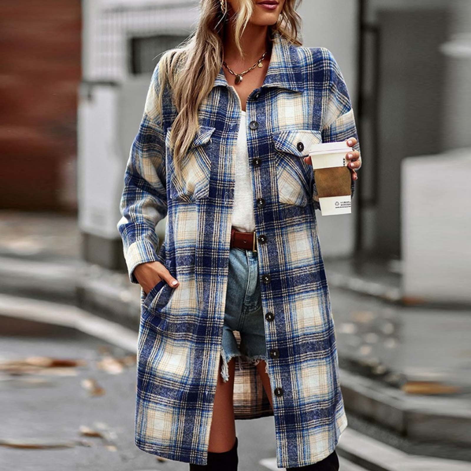 Xdegoge Long Flannel Plaid Jackets for Women Button Down Loose Fit Long ...