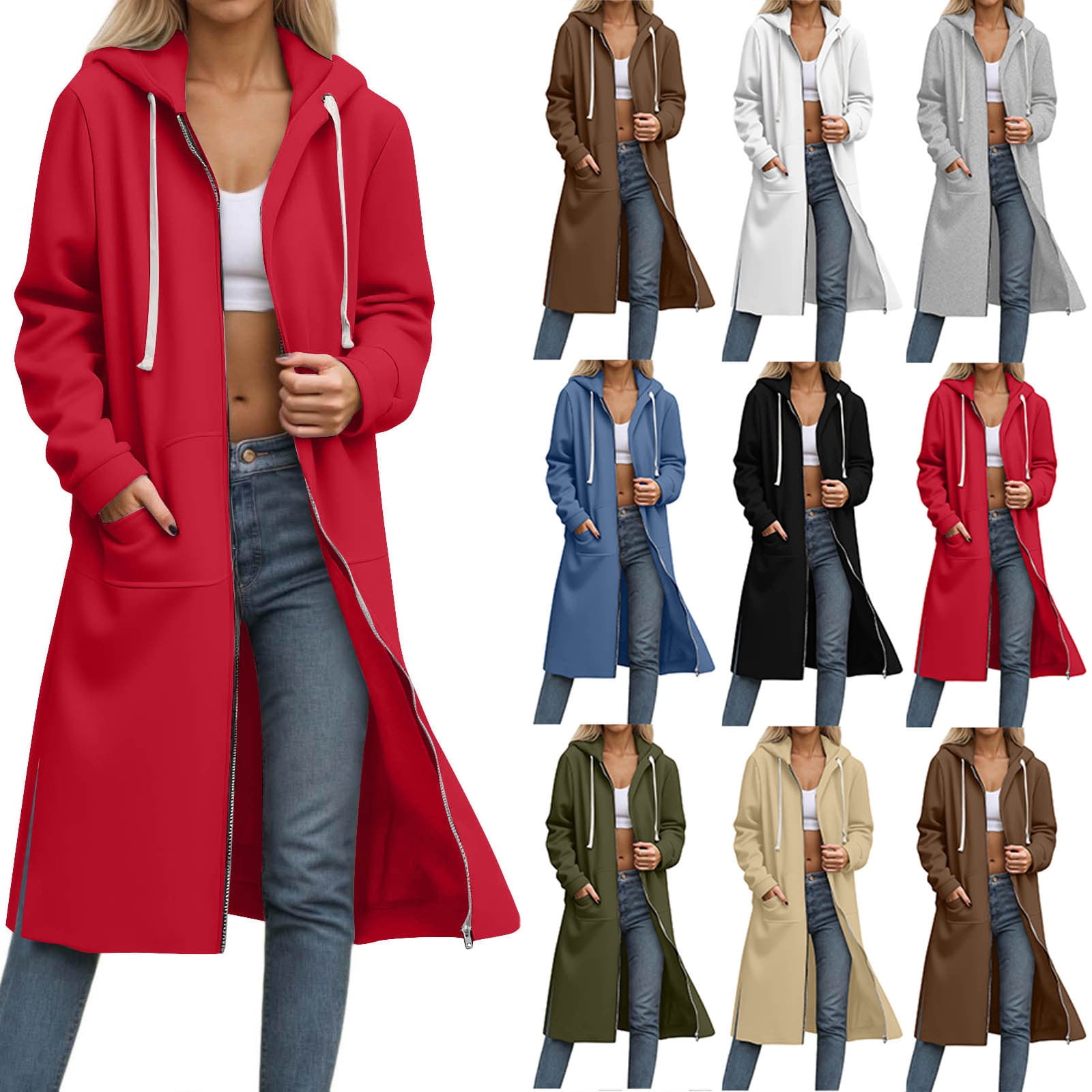 Xdegoge Long Hoodies for Women Zip Up Plus Size Sweatshirts Knee Length ...