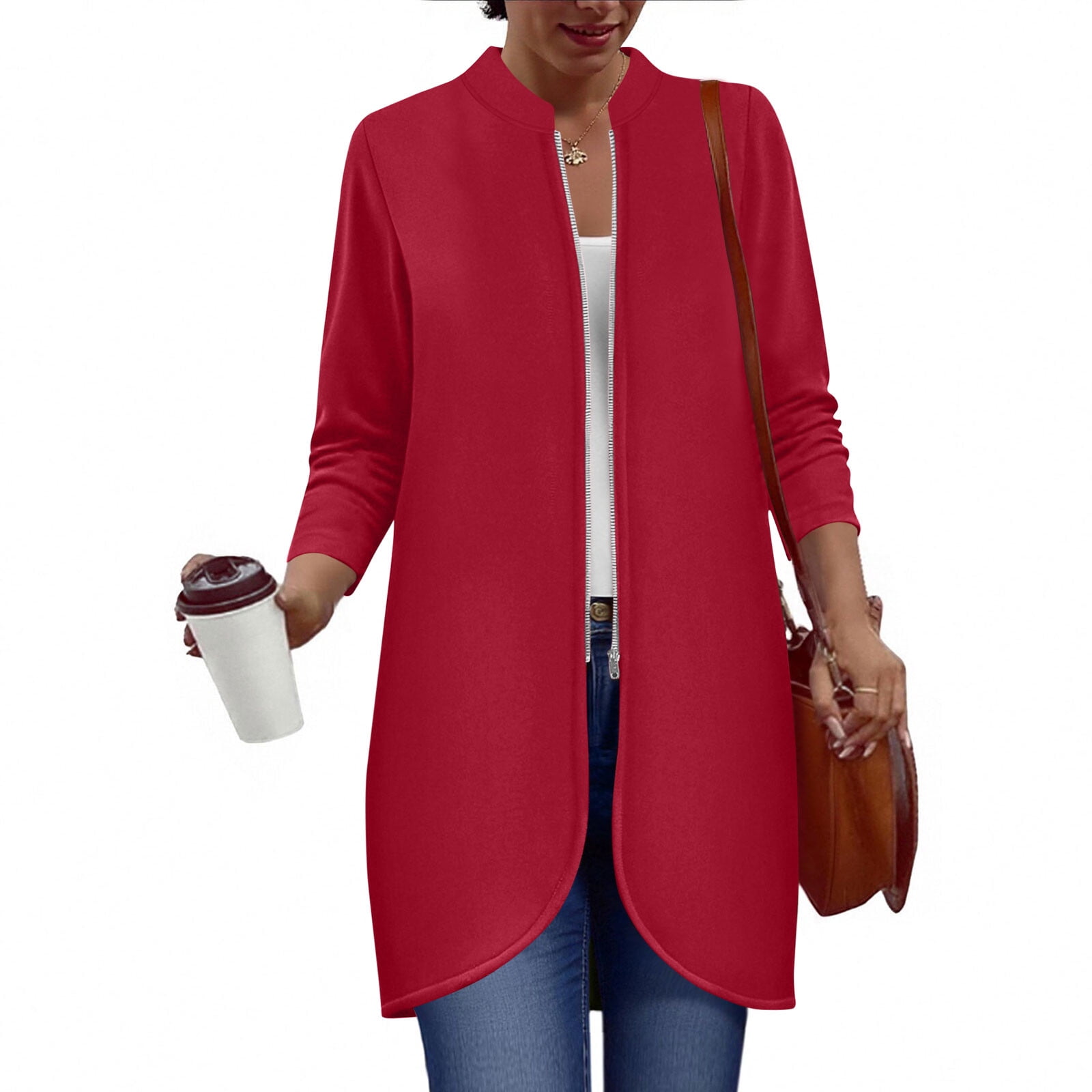 Xdegoge Long Jackets for Women Full Zip Round Neck Long Sleeve Tunic ...