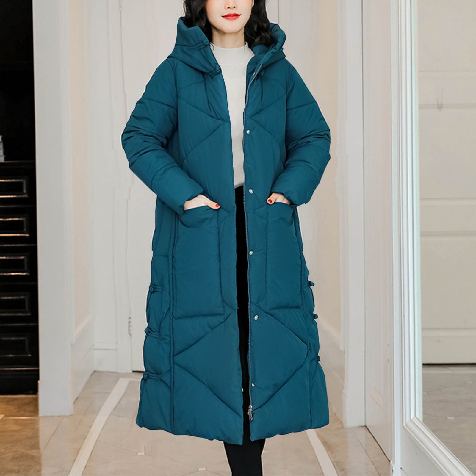 Xdegoge Long Padded Coat for Women Thicken Zip Up Hooded Quilted ...