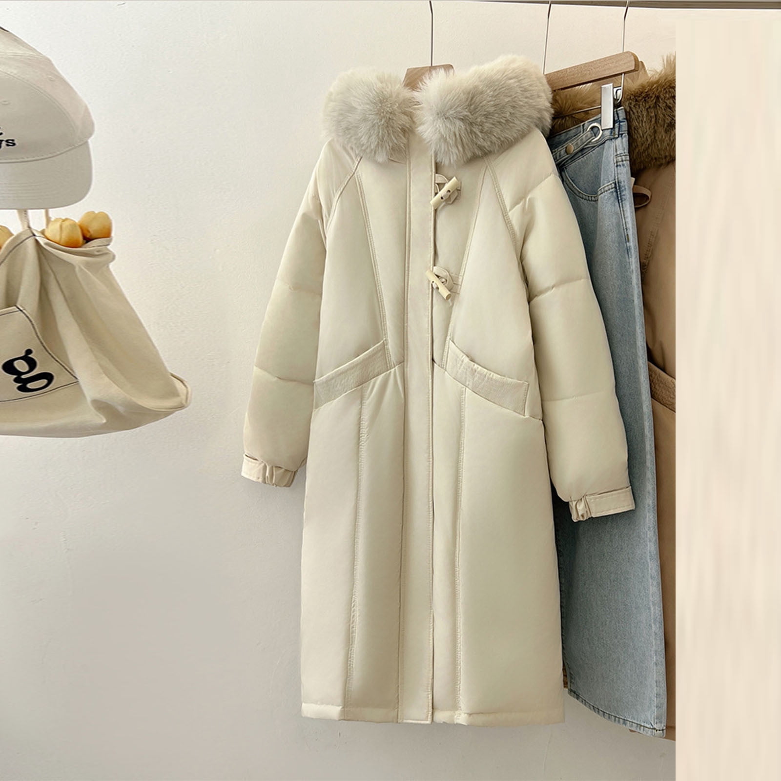Xdegoge Long Puffer Coat Women Hooded Faux Fur Jacket Quilted Padded ...