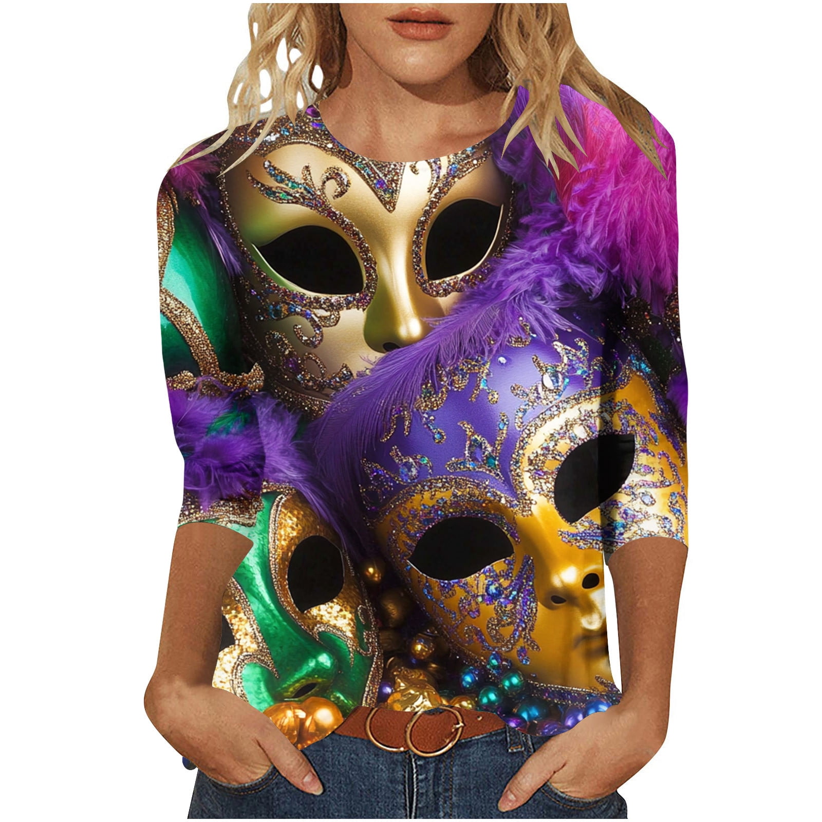 Xdegoge Mardi Gras Shirts for Women Masquerade Mask Floral Print 3/4 ...