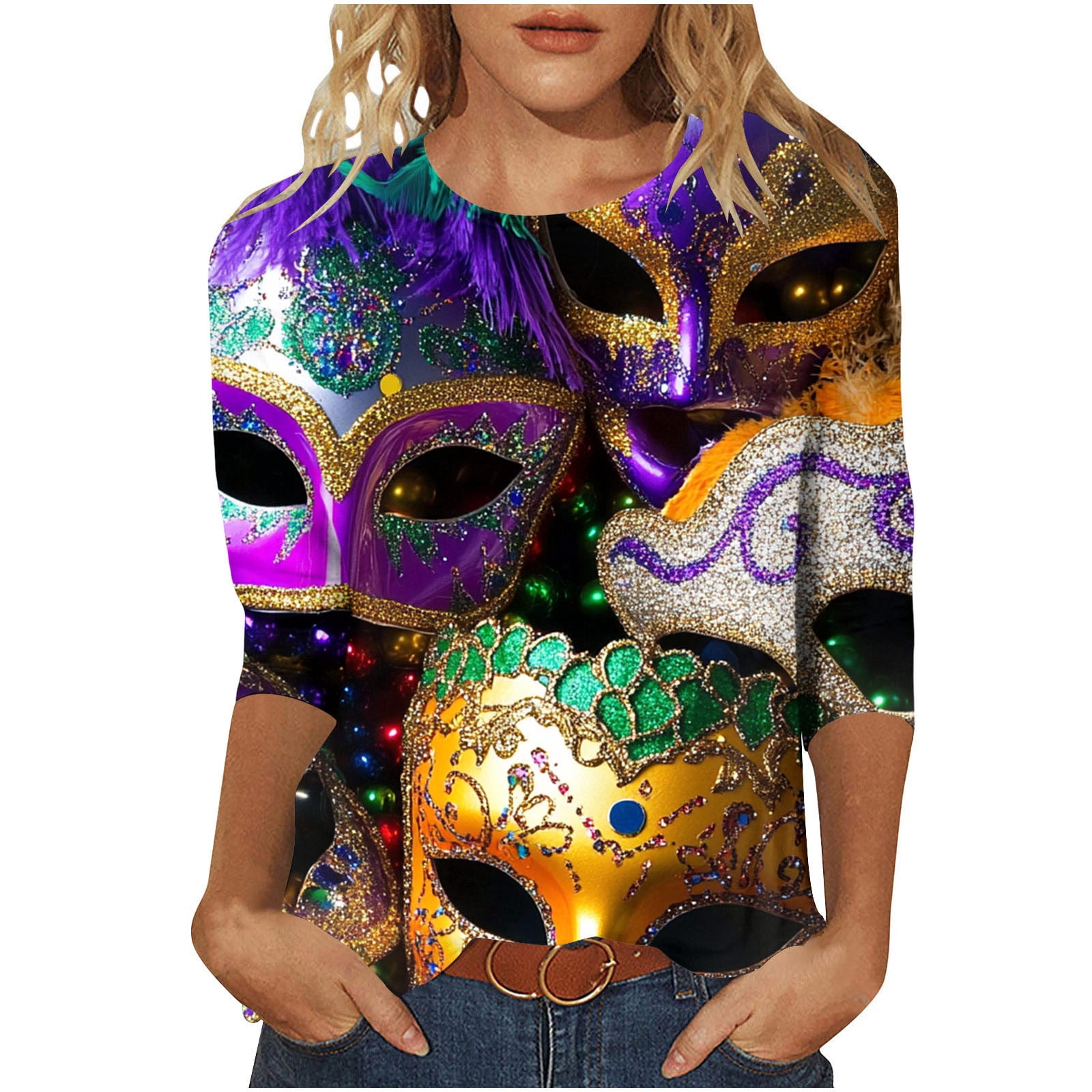 Xdegoge Mardi Gras Shirts for Women Masquerade Mask Floral Print 3/4 ...