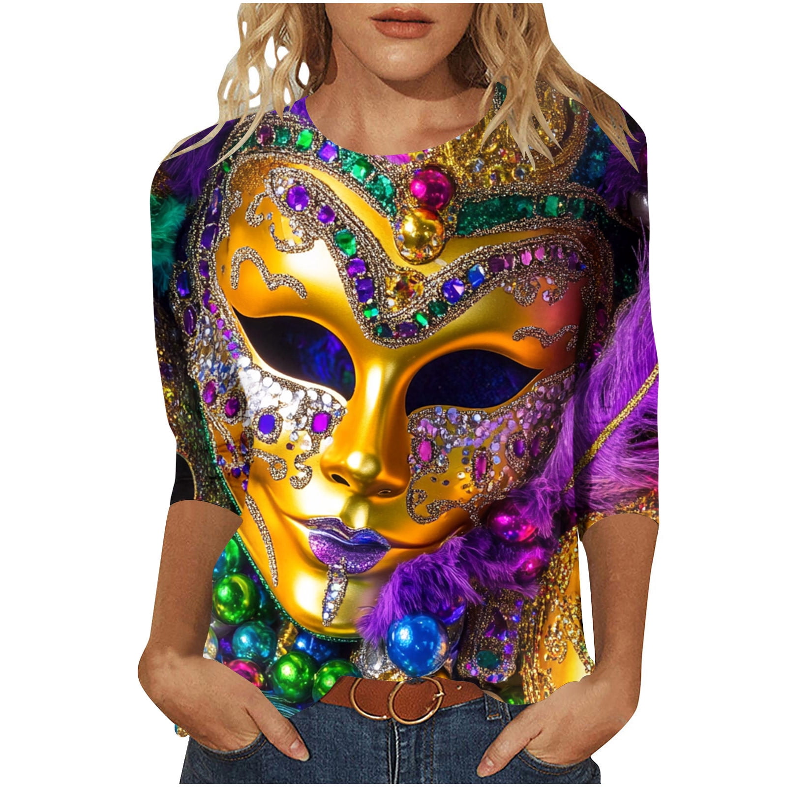 Xdegoge Mardi Gras Shirts for Women Masquerade Mask Floral Print 3/4 ...