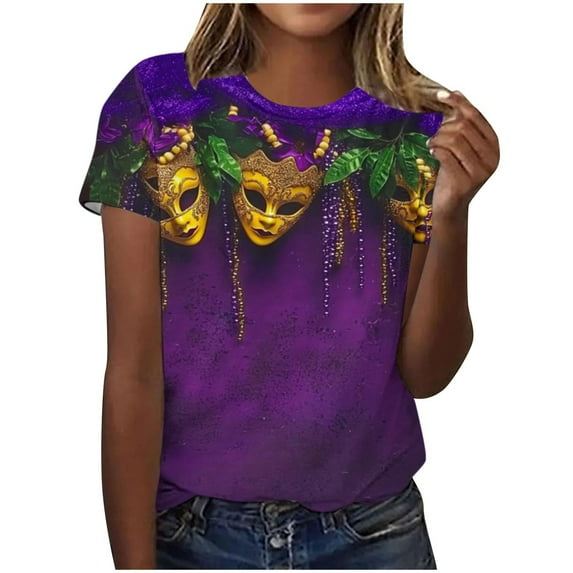 Xdegoge Mardi Gras Shirts for Women Short Sleeve Masquerade Mask with ...