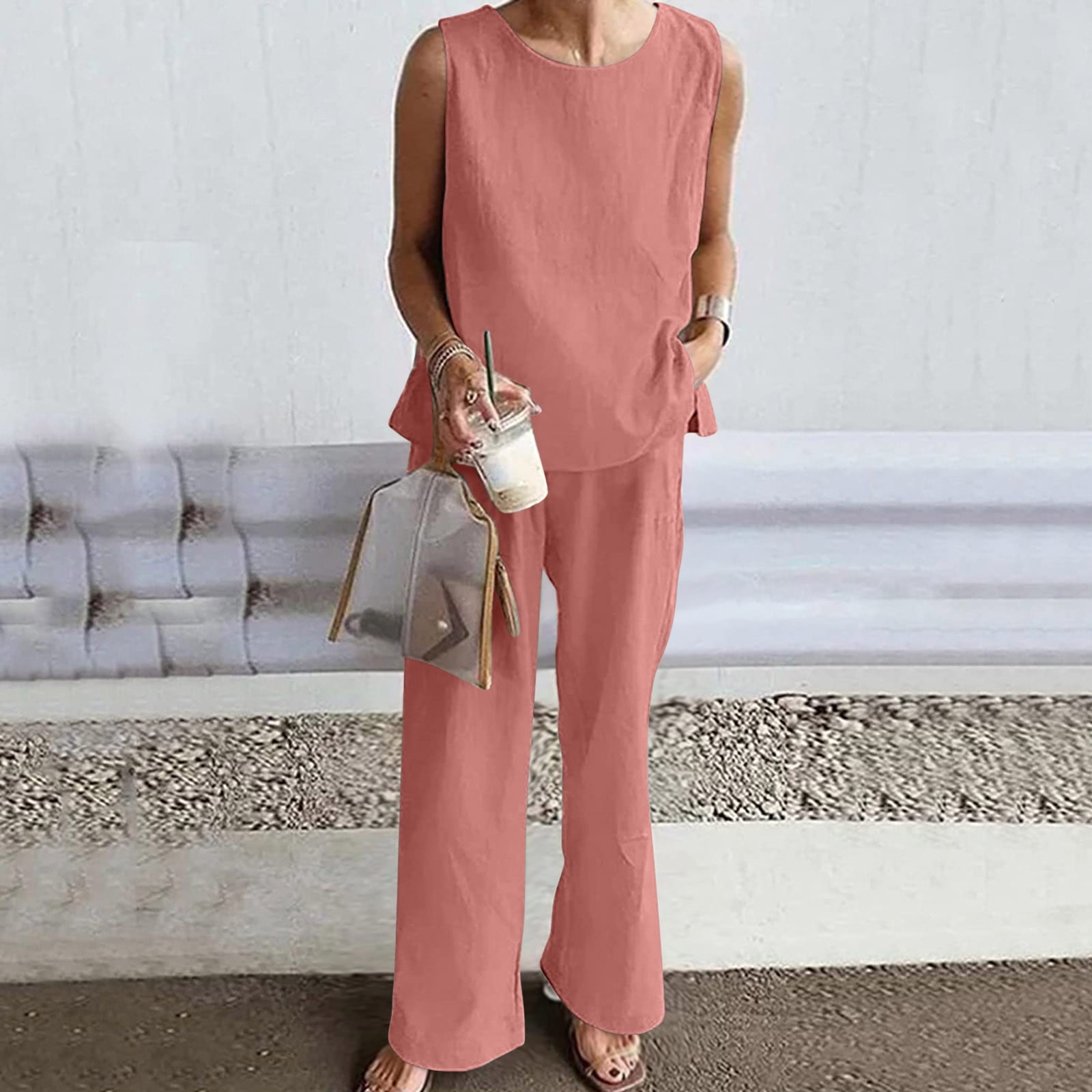 Xdegoge Matching Set Women 2 Piece Linen Summer Clothes Pants Sets ...