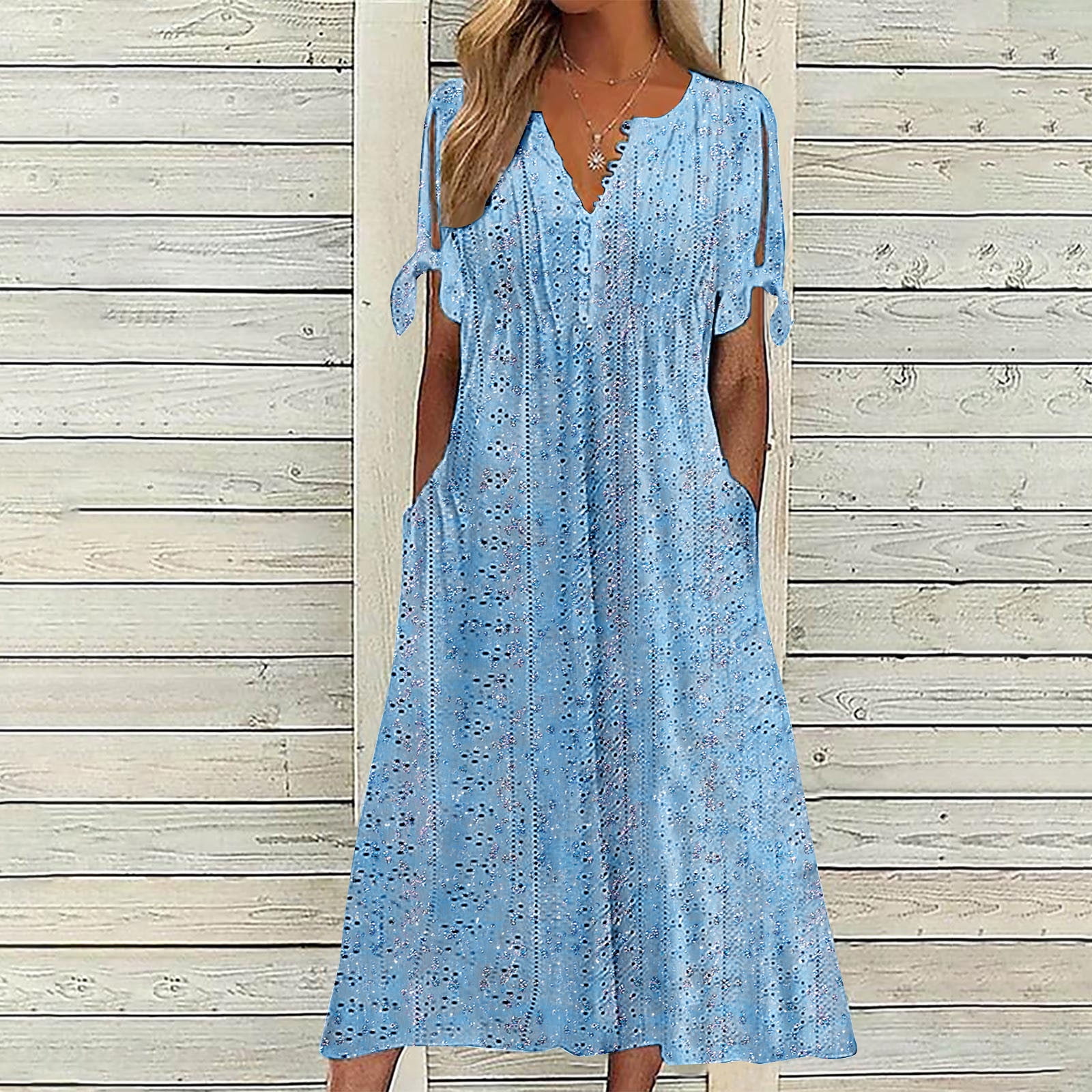 Xdegoge Maxi Dresses for Women 2025 Trendy Short Sleeve V Neck Eyelet ...
