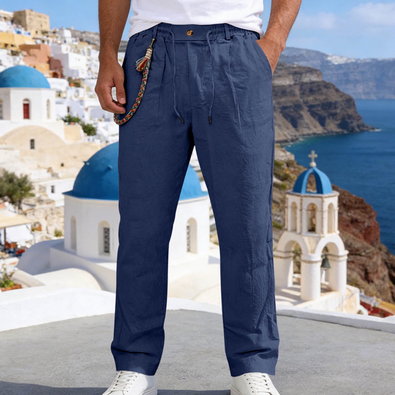 Xdegoge Men's Linen Pants Elastic Waistband with Decorative Tassel ...