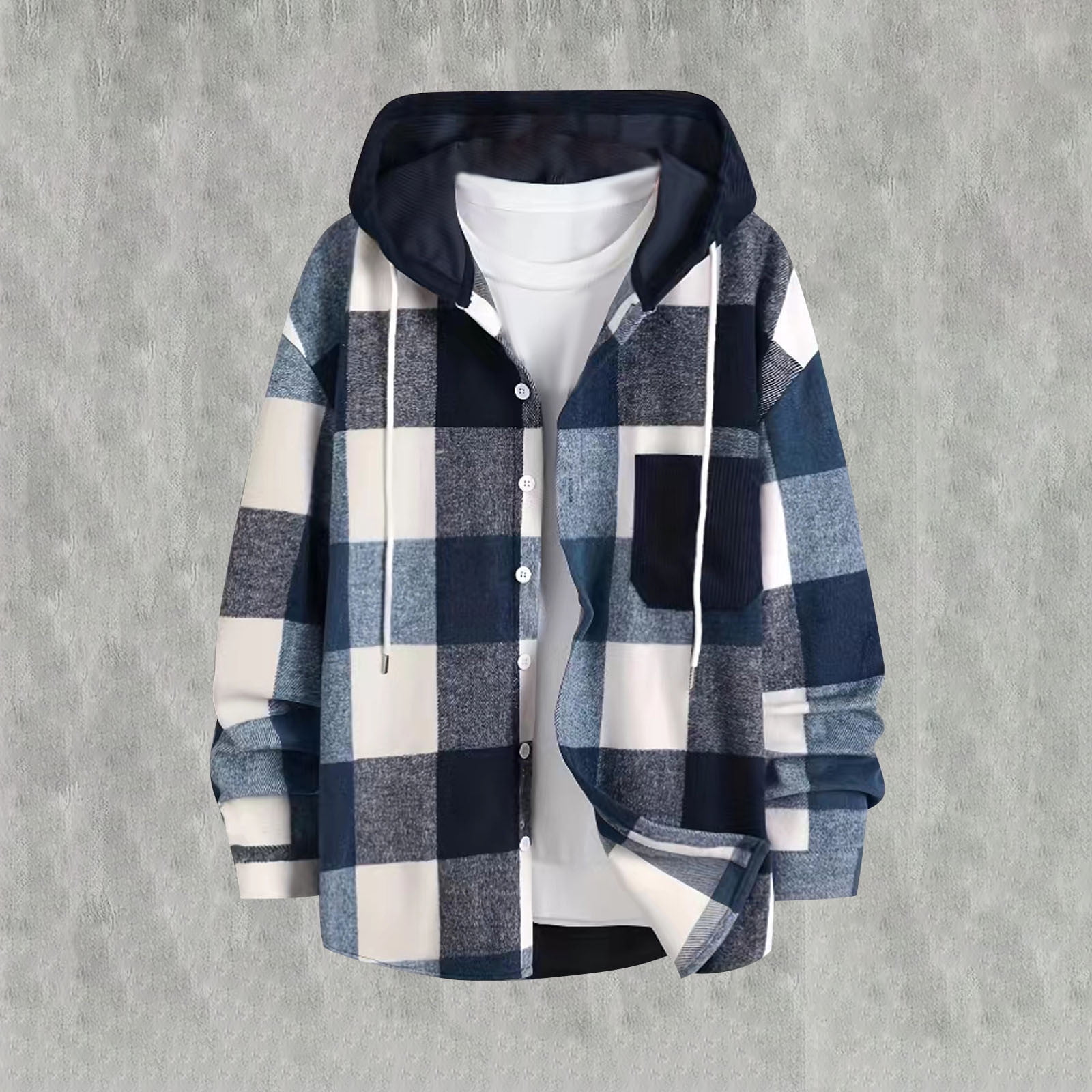 Xdegoge Men's Thick Coat Button Drawstring Hooded Jacket Classic Plaid ...