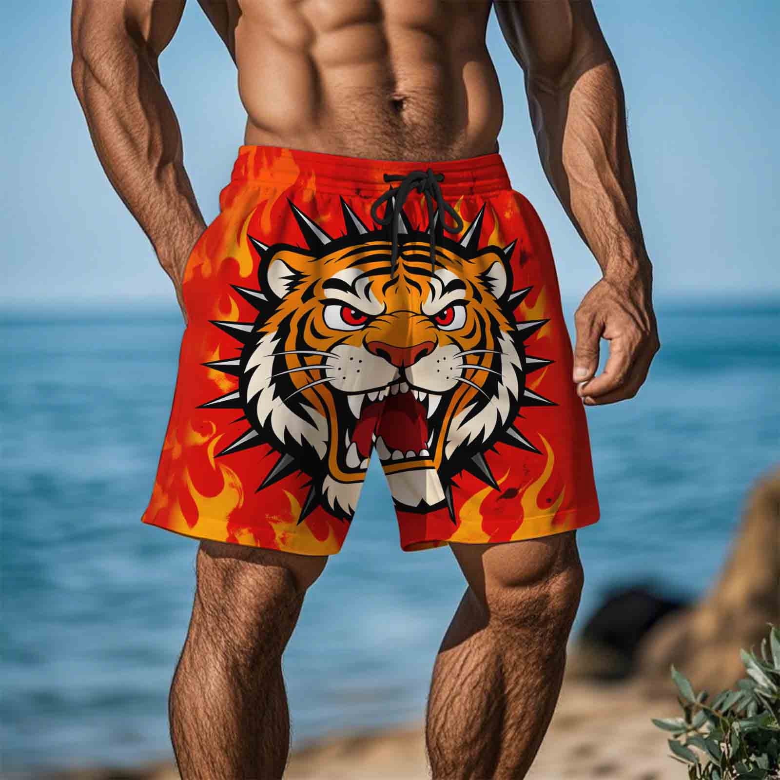 Xdegoge Men's Tiger with Spikes Swim Trunks - Red Flame Background ...