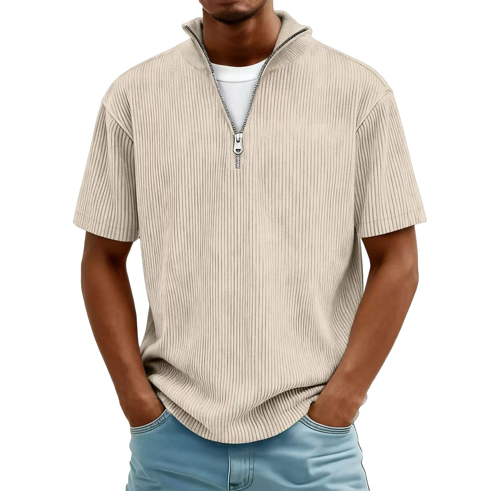 Xdegoge Mens Corduroy Relaxed Quarter Zip Shirt Vertical Ribbed Knit ...