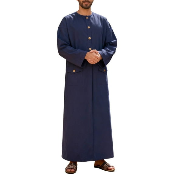 Xdegoge Mens Long Robe Muslim Thobe Traditional Kaftan Button Down Long ...