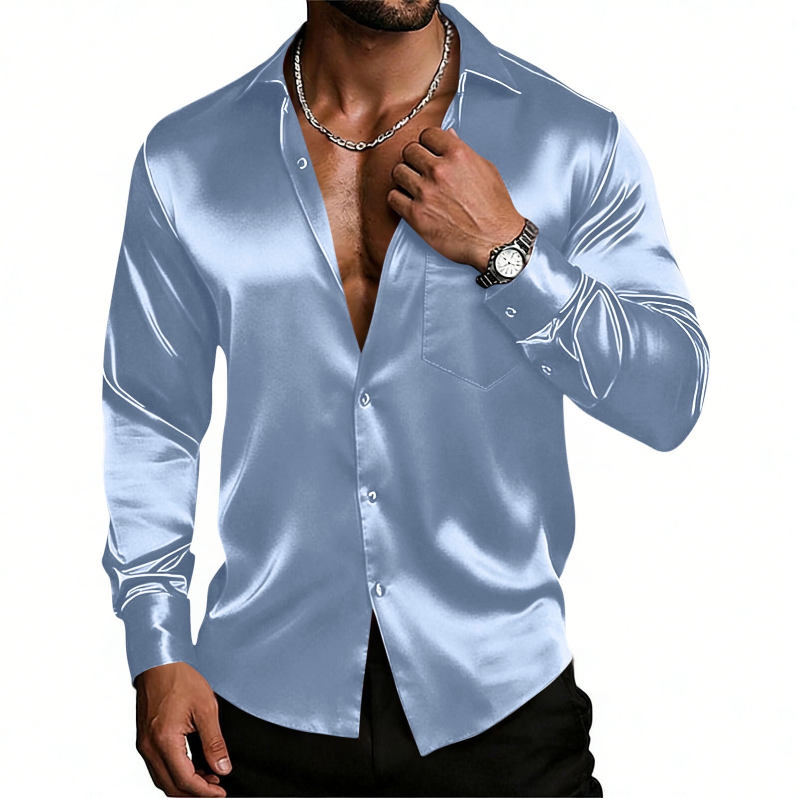 Xdegoge Mens Luxury Satin Dress Shirt Slim Fit Long Sleeve Button Up ...