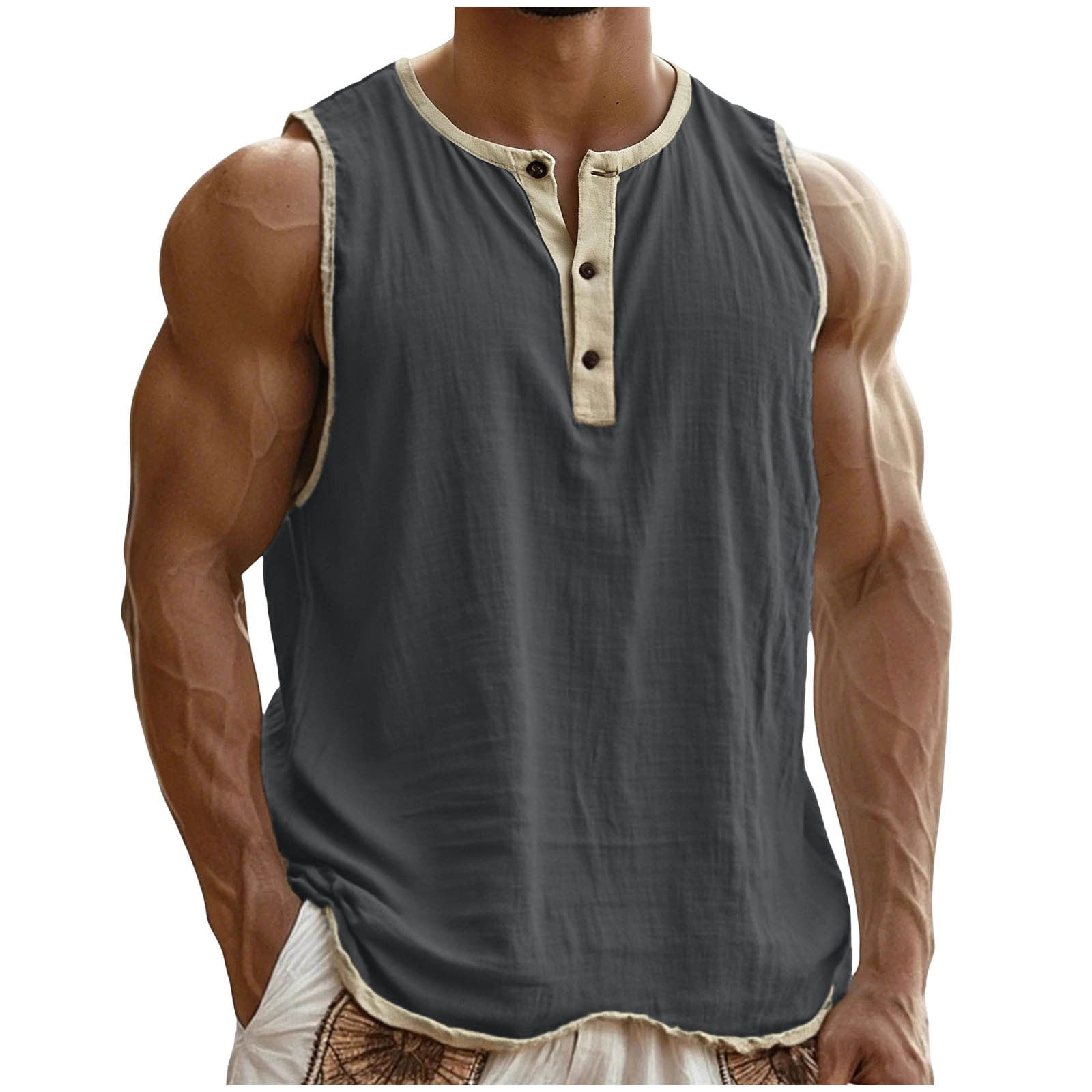 Xdegoge Mens Muscle Fit Tank Top Henley Sleeveless Contrast Trim Linen ...