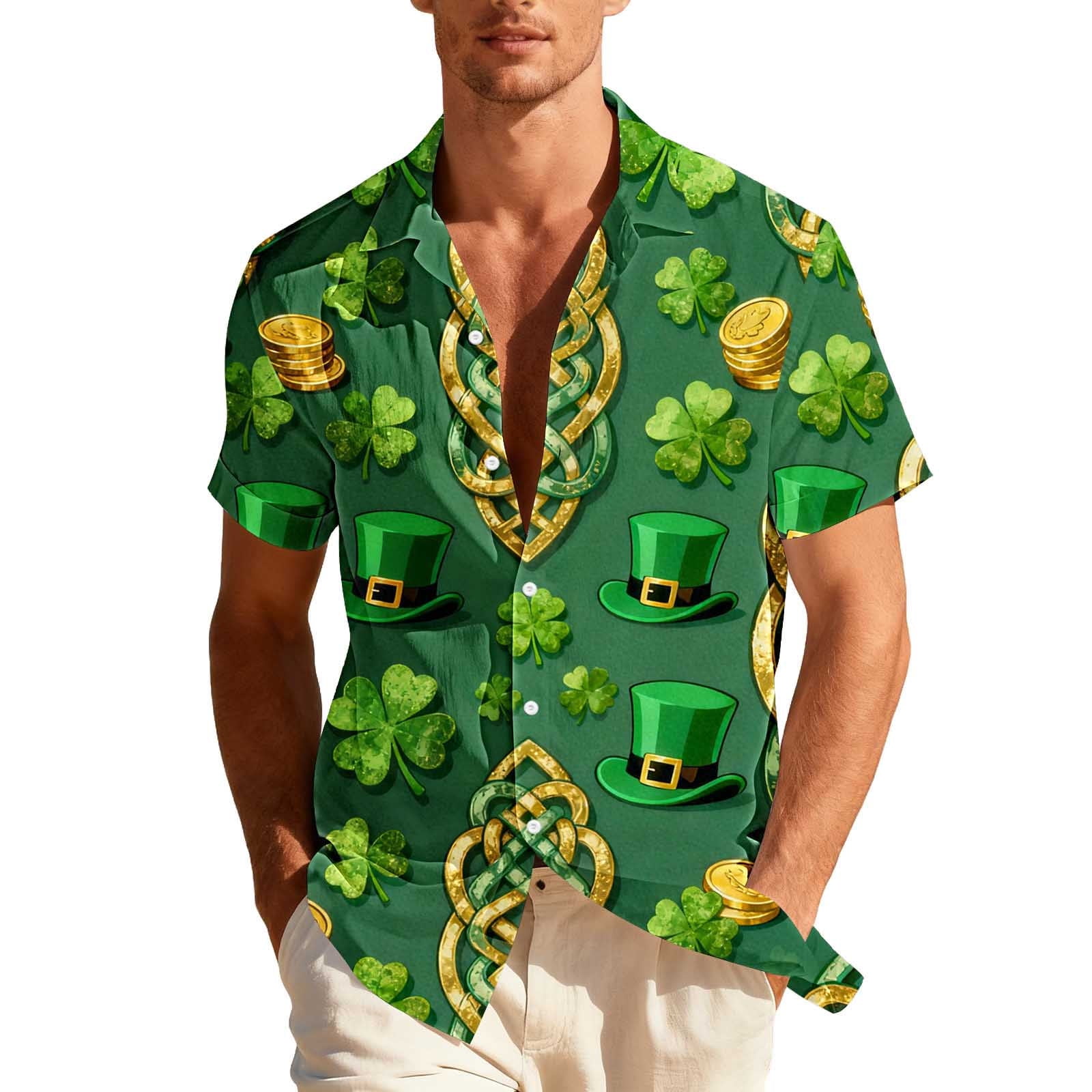 Xdegoge Mens St Patrick's Day Hawaiian Shirt Button Down Short Sleeve ...
