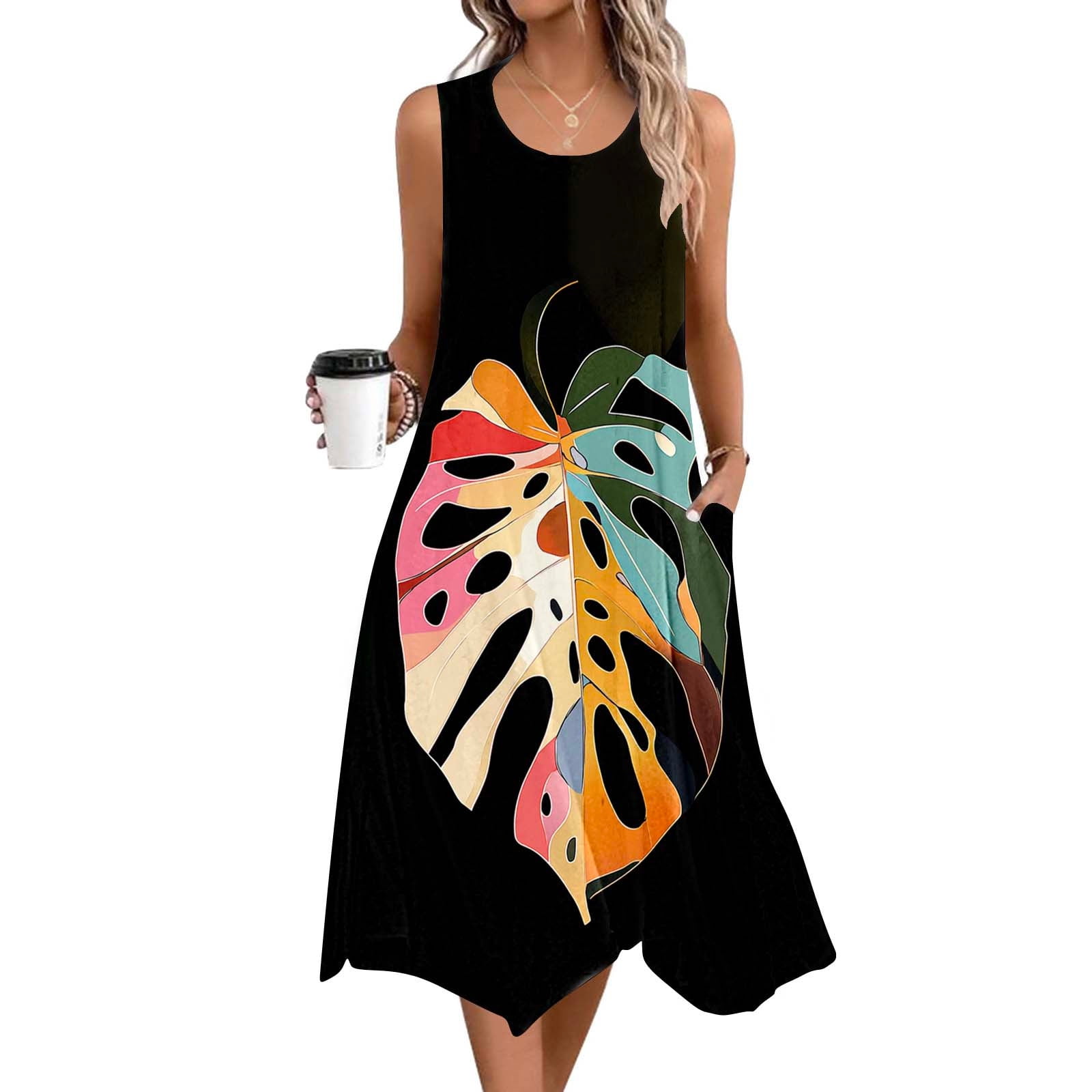 Xdegoge Mid Length Dress for Women Fashion Print Loose Flowy Summer ...