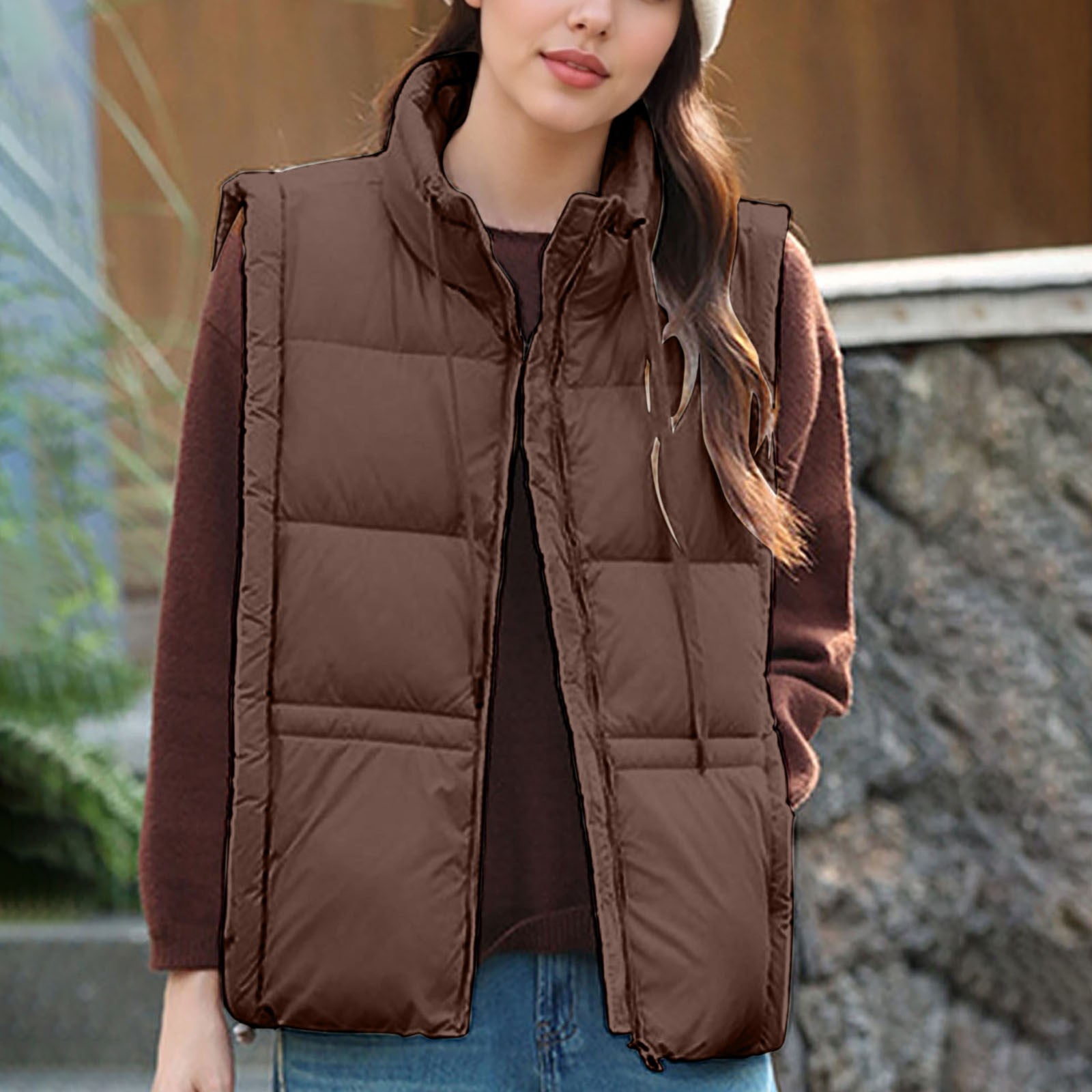Xdegoge Oversized Vests for Women Zip Up Drawstring Stand Collar Casual ...
