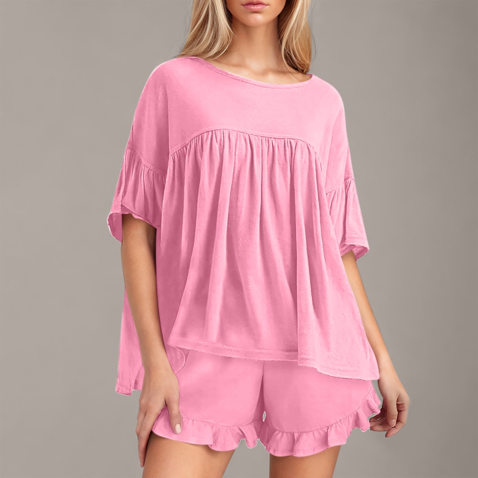 Xdegoge Pajamas for Women 2 Piece Set Short Sleeve Tops Pleated Flowy ...