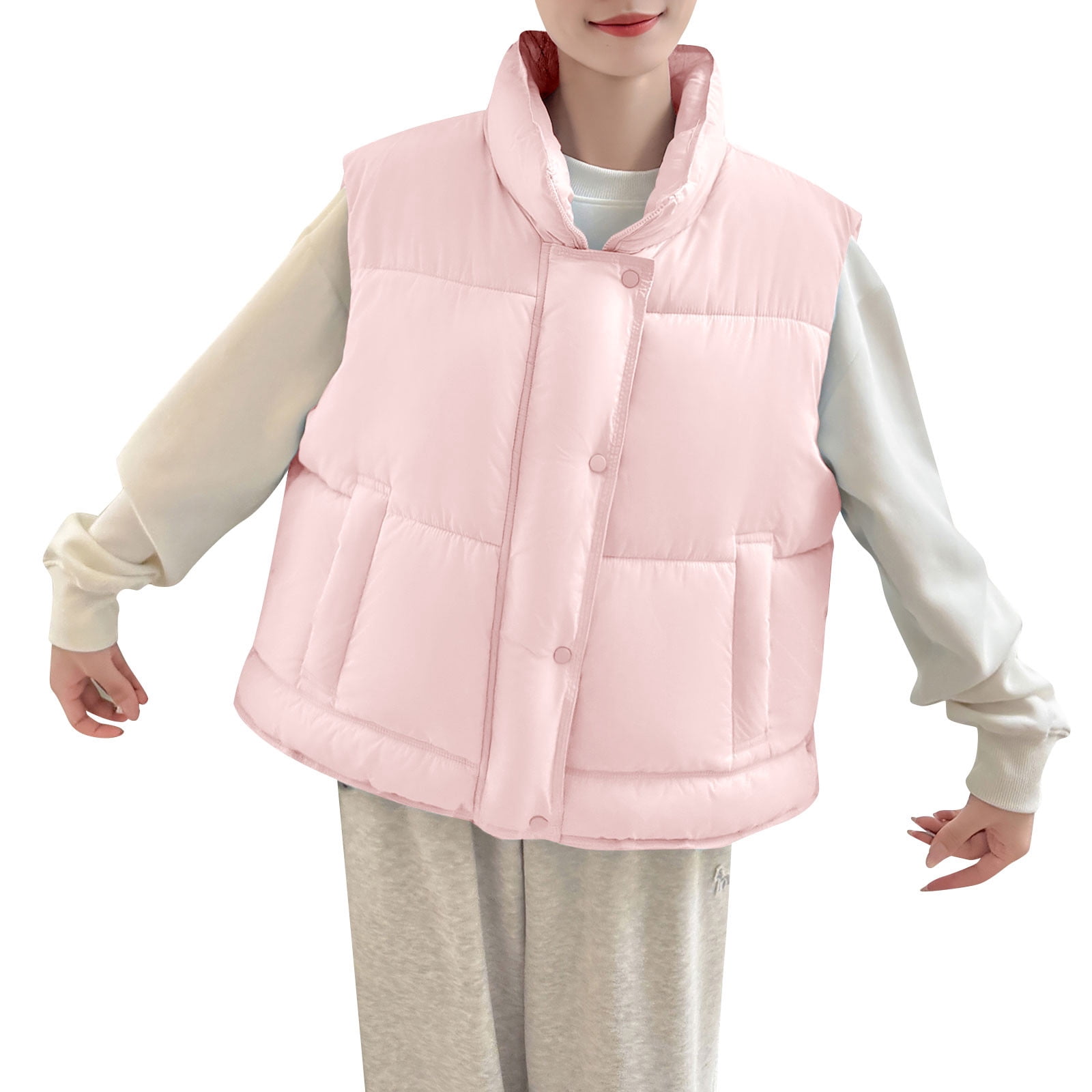 Xdegoge Puffer Vest Womens Oversized Zip Up Button Down Stand Collar ...
