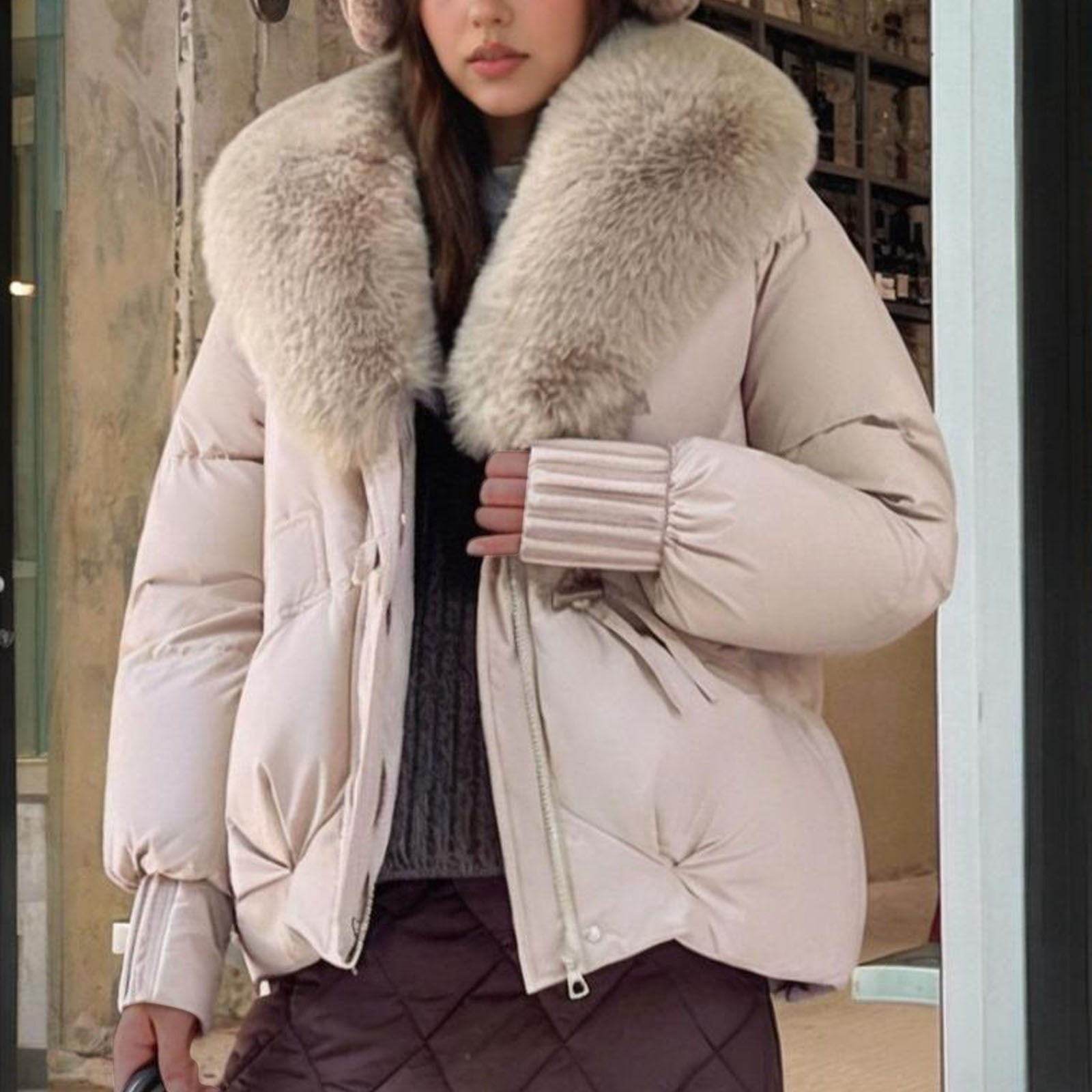 Xdegoge Quilted Jackets for Women Zip Up Faux Fur Lapel Warm Puffer ...
