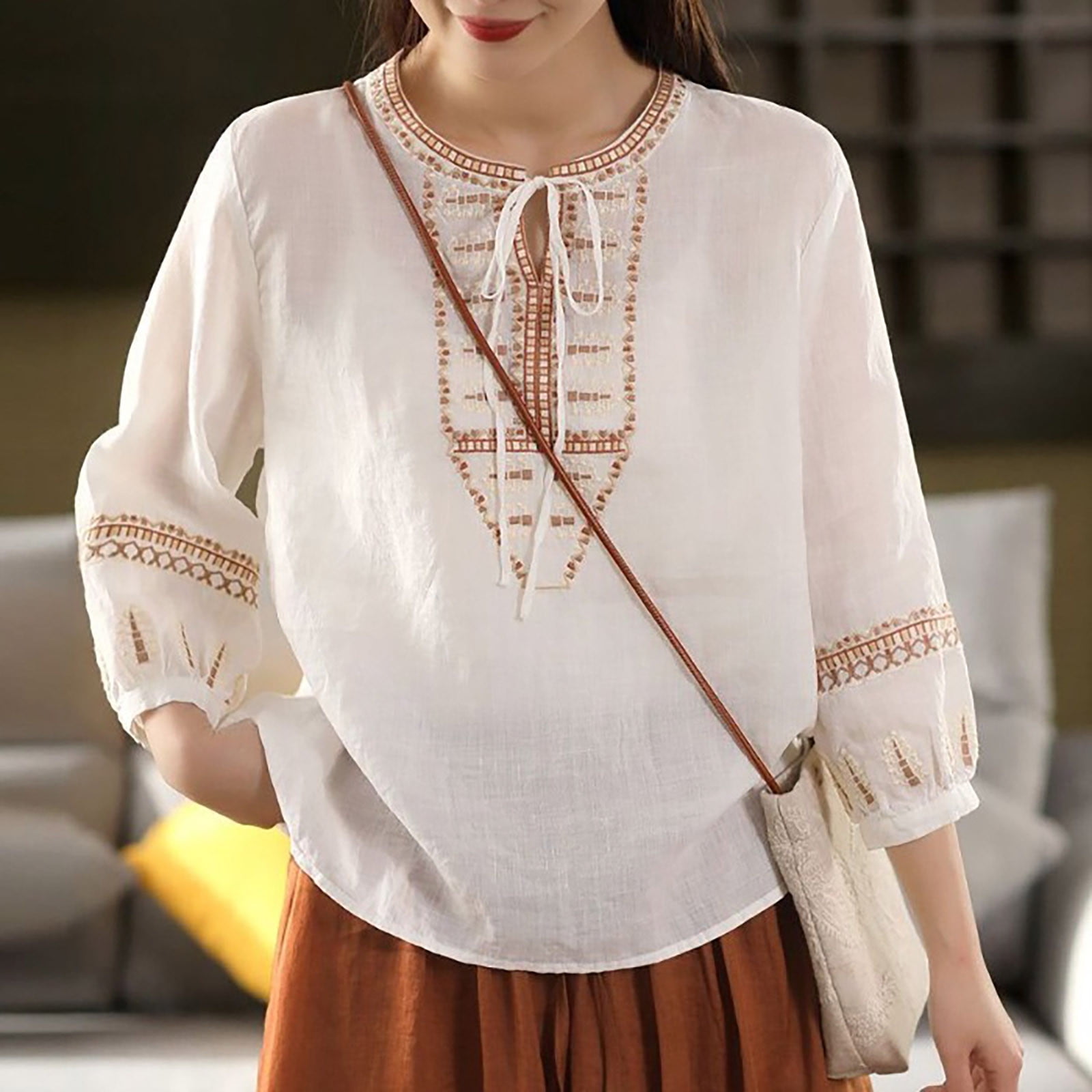 Xdegoge Save for Later Linen Shirts Women 3/4 Sleeve Crew Neck Embroidery Tops Floral Summer ...