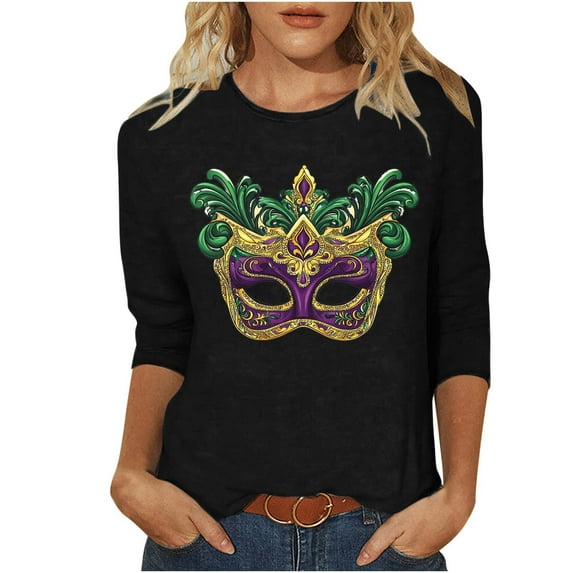 Xdegoge Sequin Mardi Gras Tops for Women Green Mask Face with 3D 3/4 ...