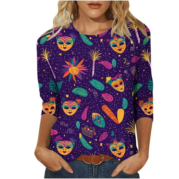 Xdegoge Sequin Mardi Gras Tops for Women Green Mask Face with 3D 3/4 ...