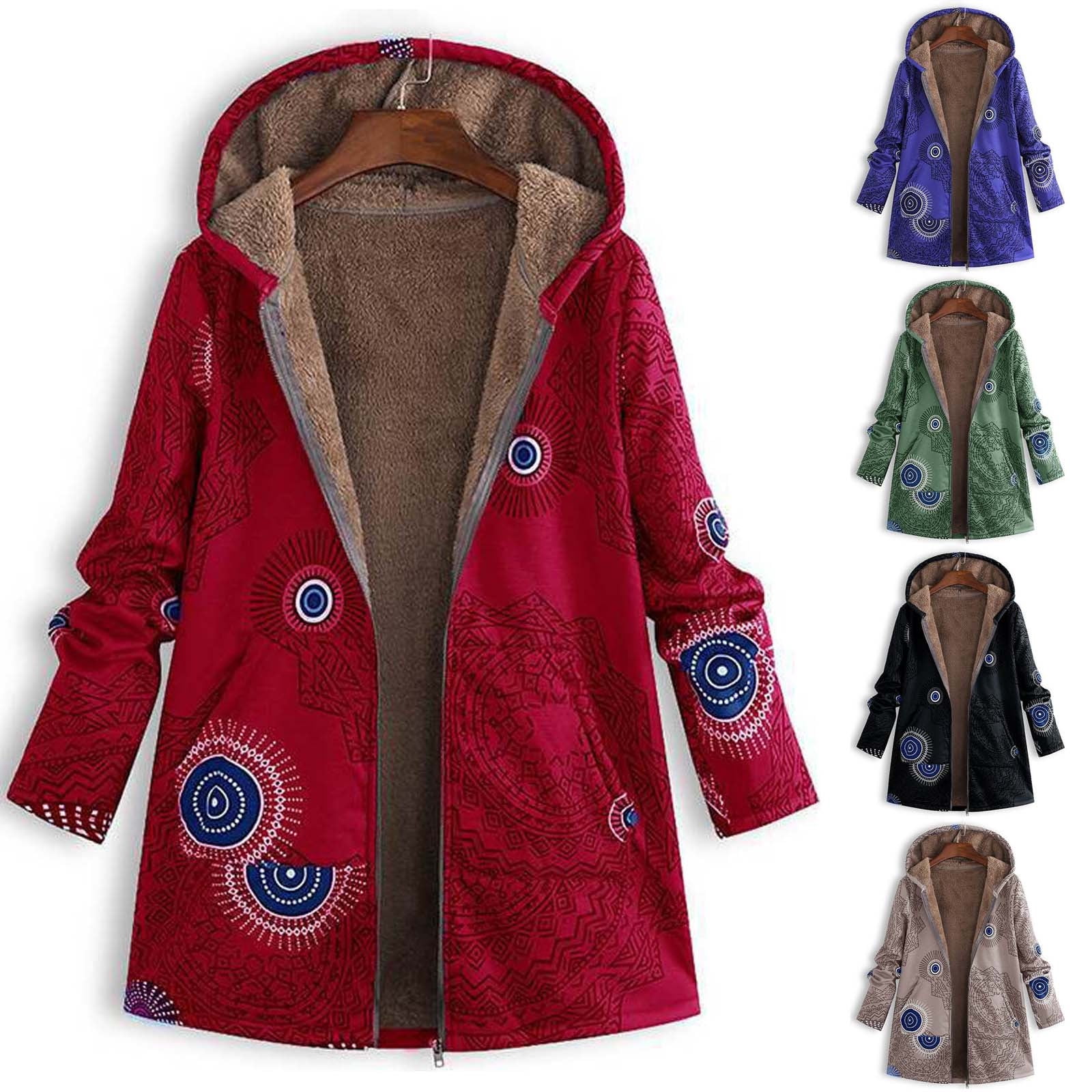 Xdegoge Sherpa Long Jackets for Women Zip Up Print Thick Fuzzy Plus ...