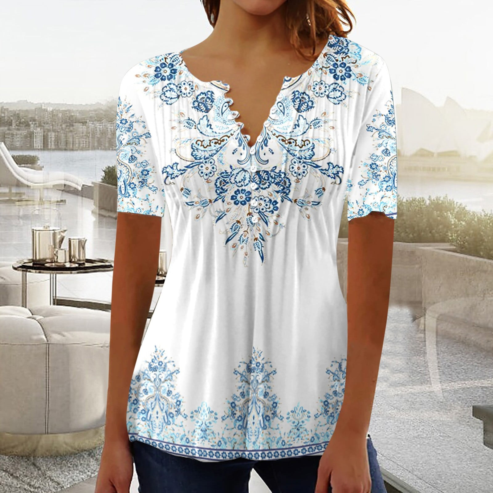 Xdegoge Short Sleeve Tops for Women Trendy Floral V Neck Button Down ...