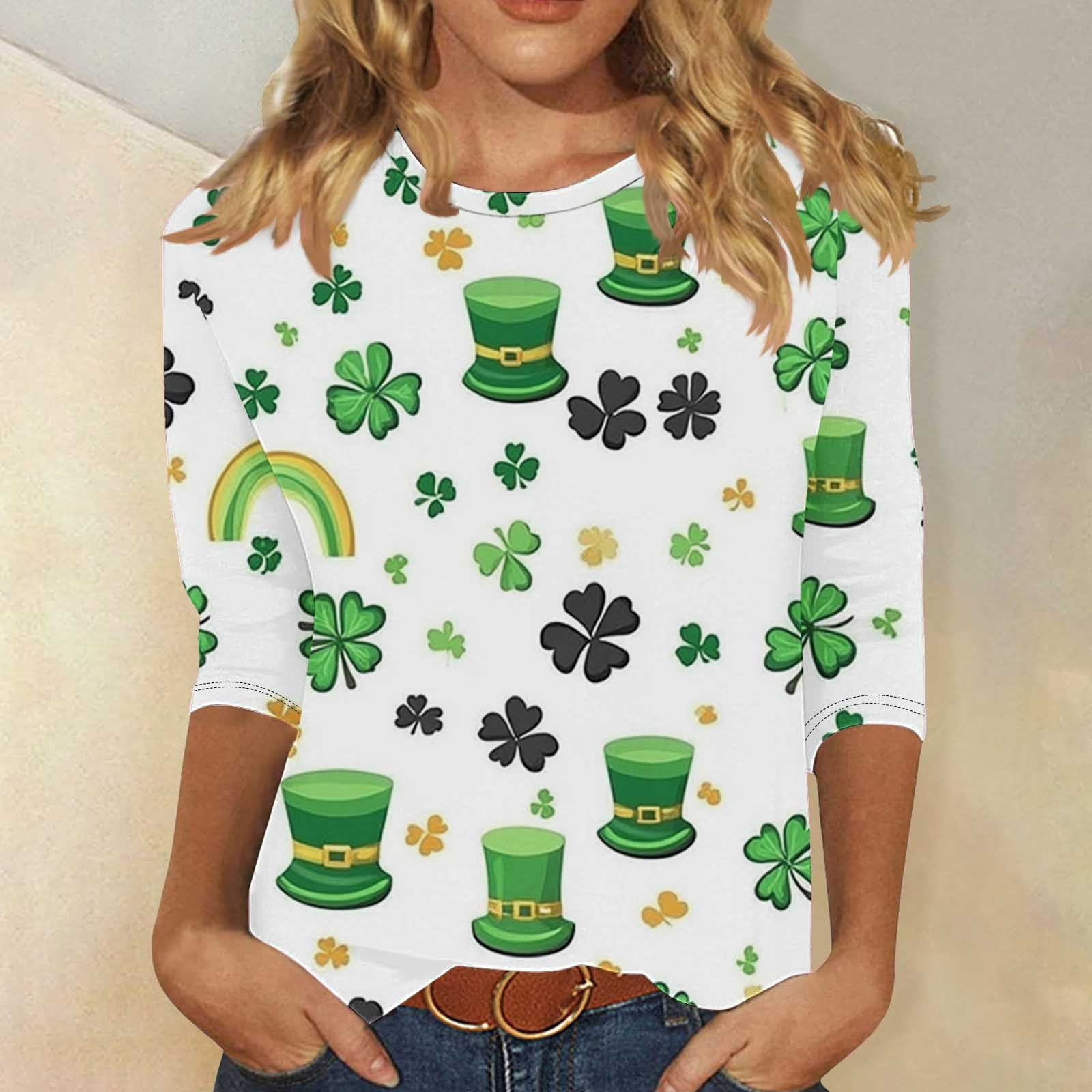 Xdegoge St Patricks Day Tops for Women Clover Print 3/4 Sleeve Top St ...