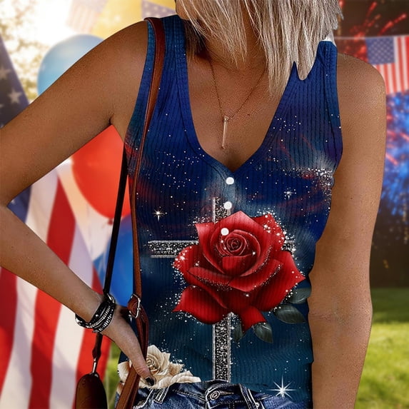 Xdegoge Tank Tops for Women 4th Of July Button V Neck Sleeveless ...