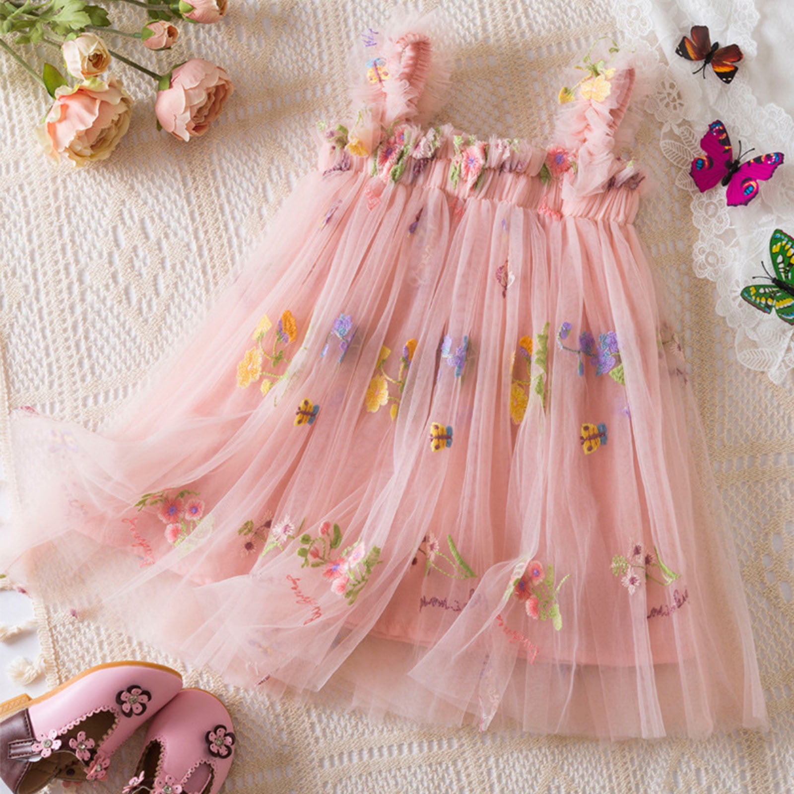 Xdegoge Toddler Girl Dresses Sleeveless Strap Flower Embroidery Tulle ...