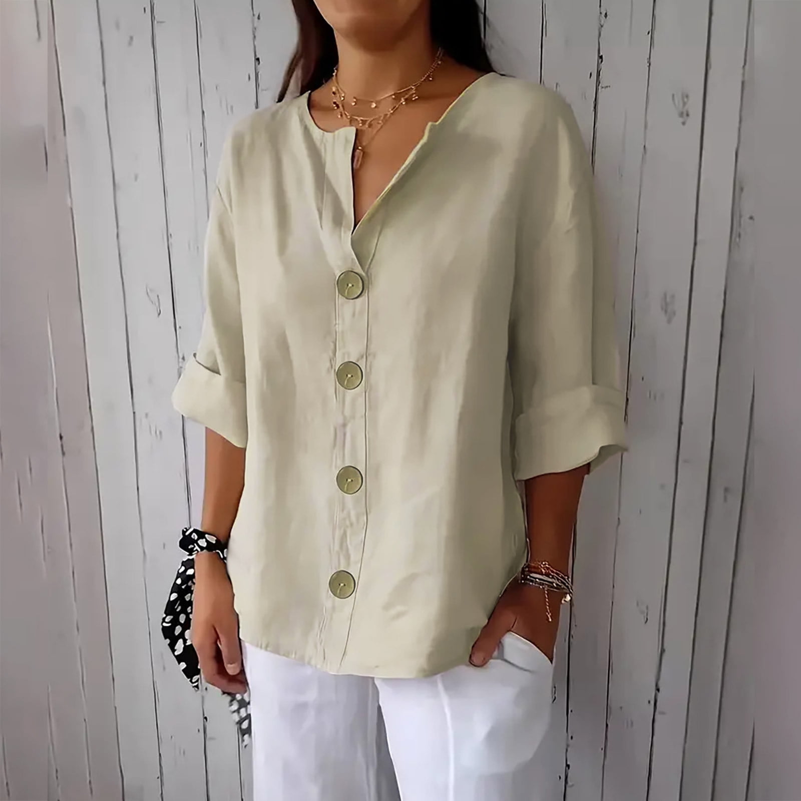 Xdegoge Linen Tops for Women Summer V Neck 3/4 Length Sleeve Shirts ...