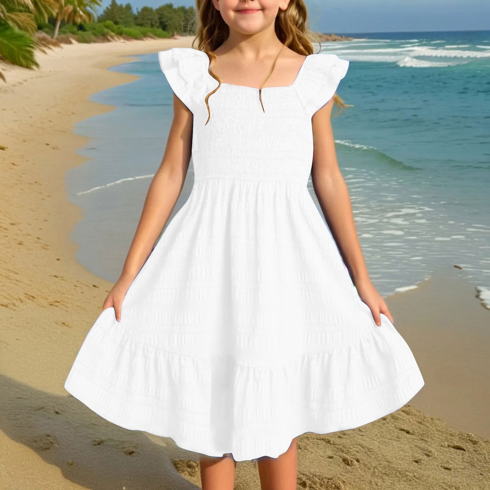 Xdegoge Tween Dresses 12-14 Girls Ruffle Sleeve Beach Sundress Casual ...