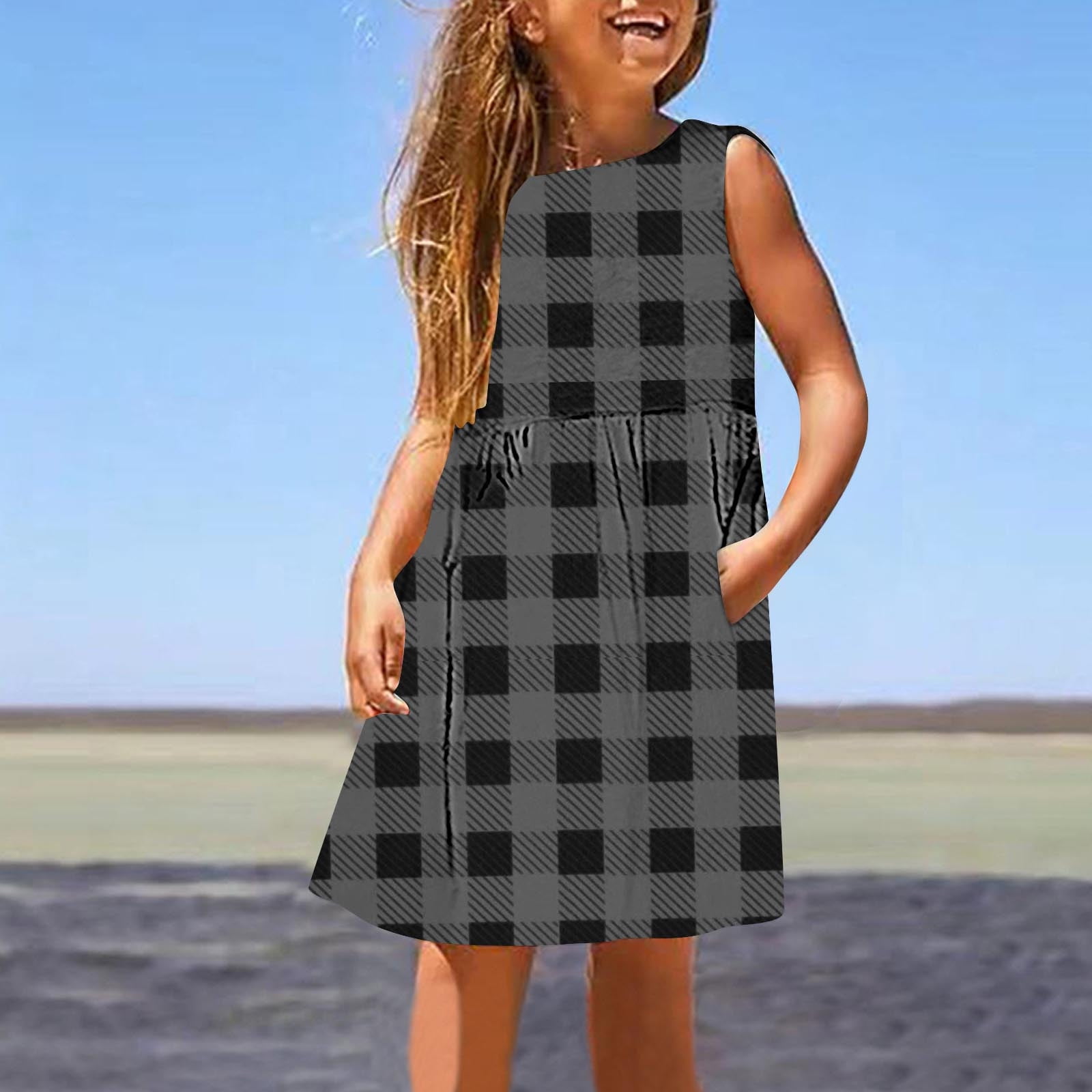 Xdegoge Tween Girls Dresses Beach Sundress Sleeveless Fahion Grid Print ...