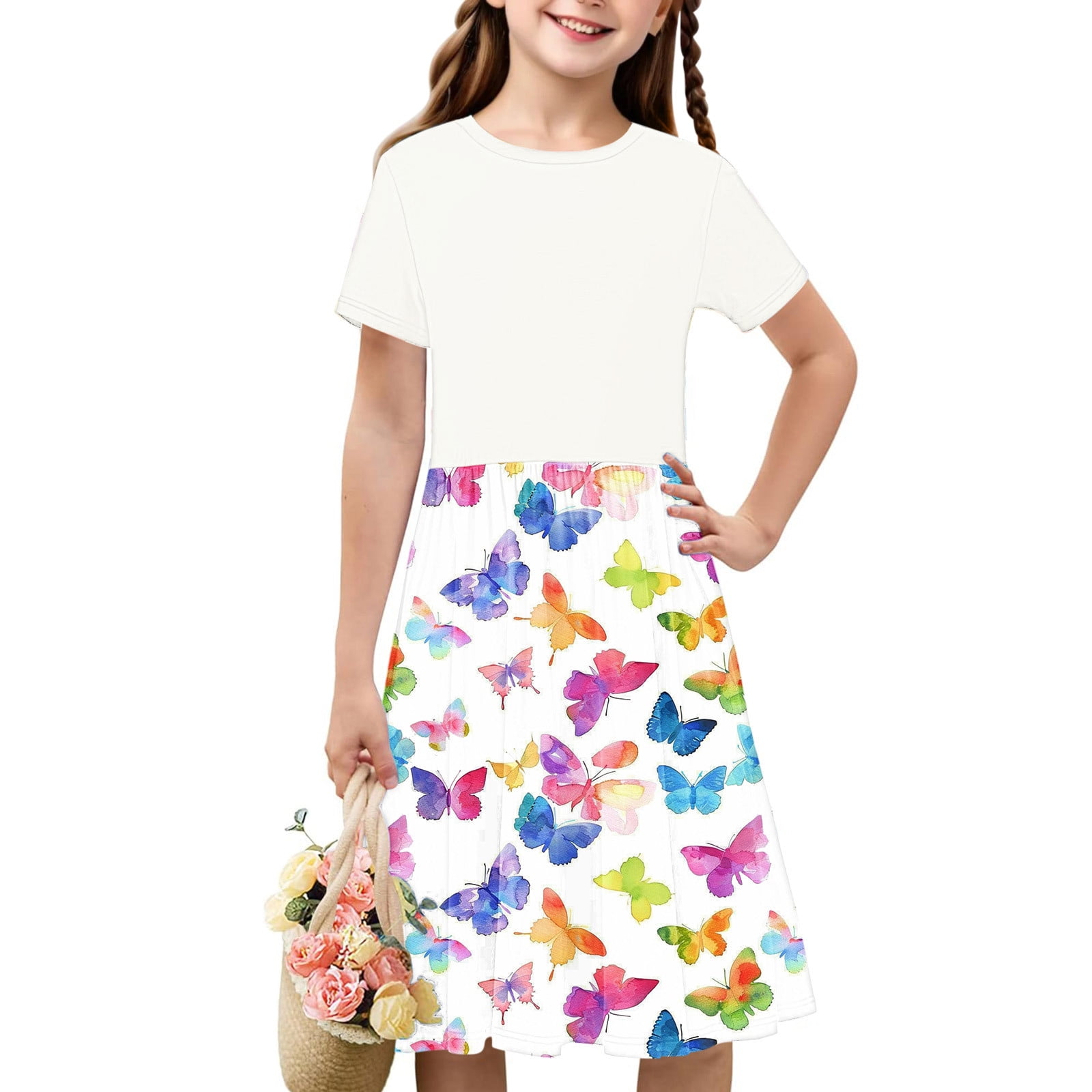 Xdegoge Tween Girls Dresses Short Sleeve Butterfly Print A Line Dress ...
