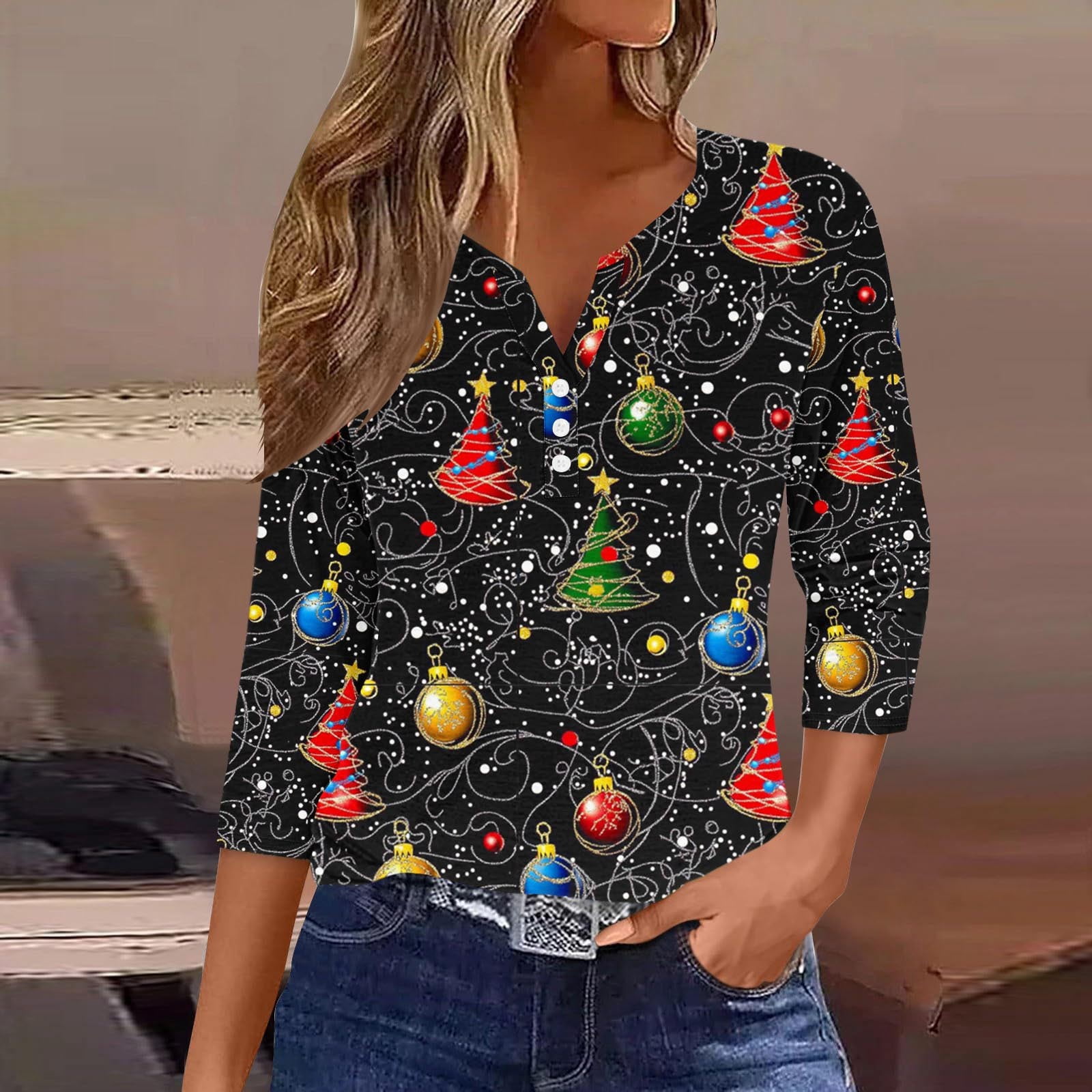 Xdegoge V Neck Christmas Shirts for Women Button Down 3/4 Sleeve T ...