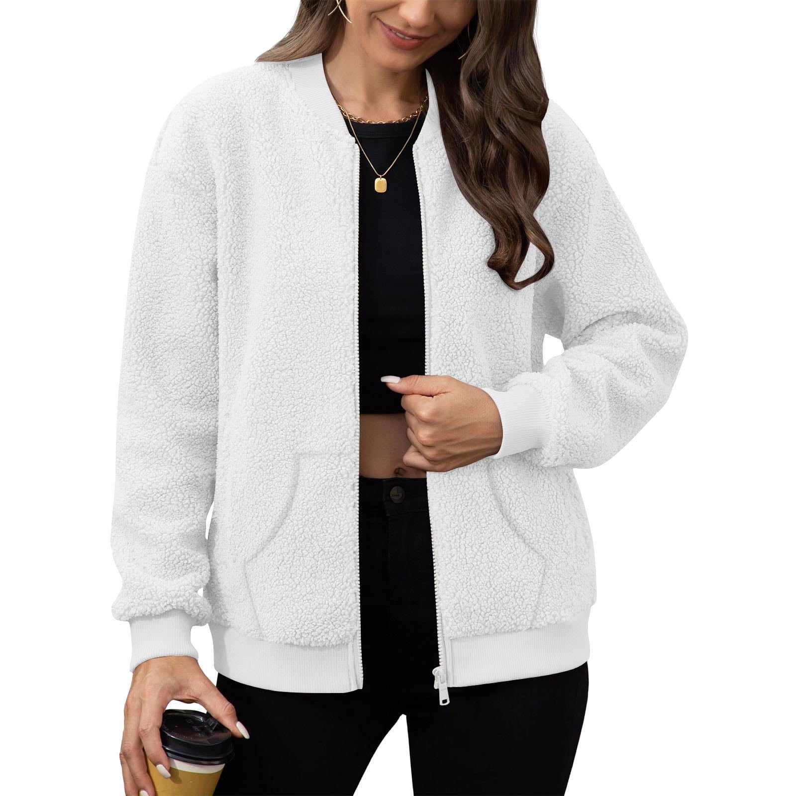 Xdegoge Women Fleece Jacket Casual Long Sleeve Zip Up Sherpa Bomber ...