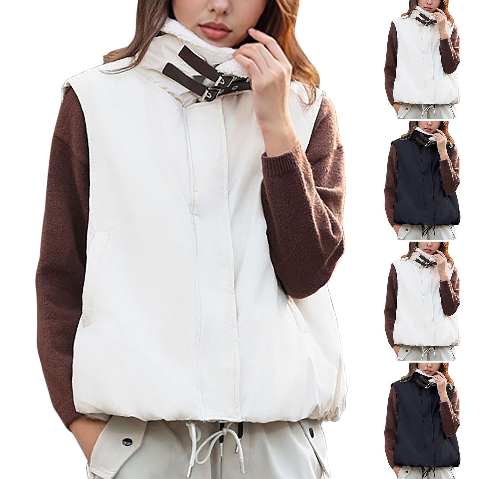 Xdegoge Women Vest Jacket Fleece Stand Collar Drawstring Hem Zip Up ...
