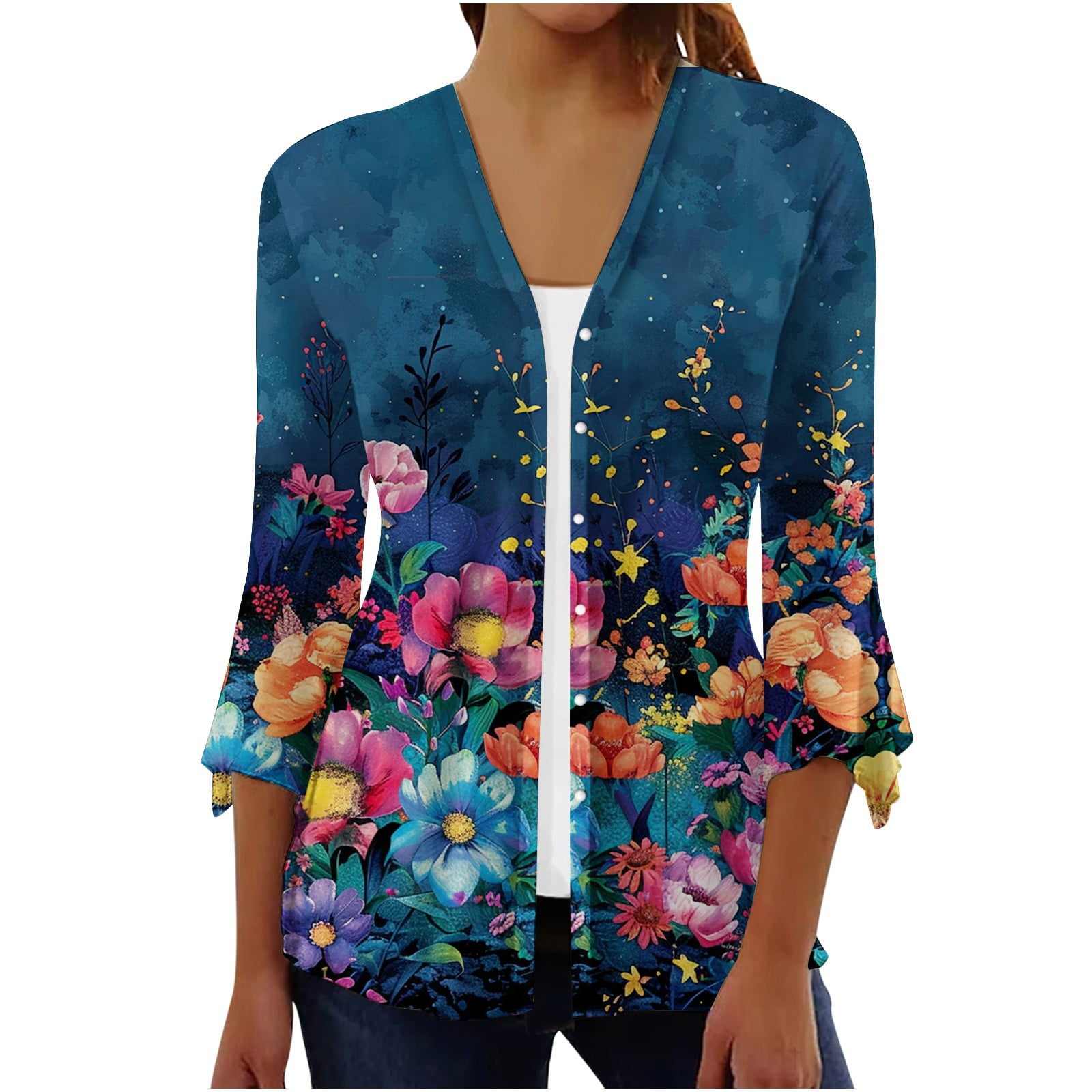 Xdegoge Women's Floral Pattern Open Front Cardigan Three Quarter Sleeve ...
