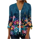 Xdegoge Women's Floral Pattern Open Front Cardigan Three Quarter Sleeve ...