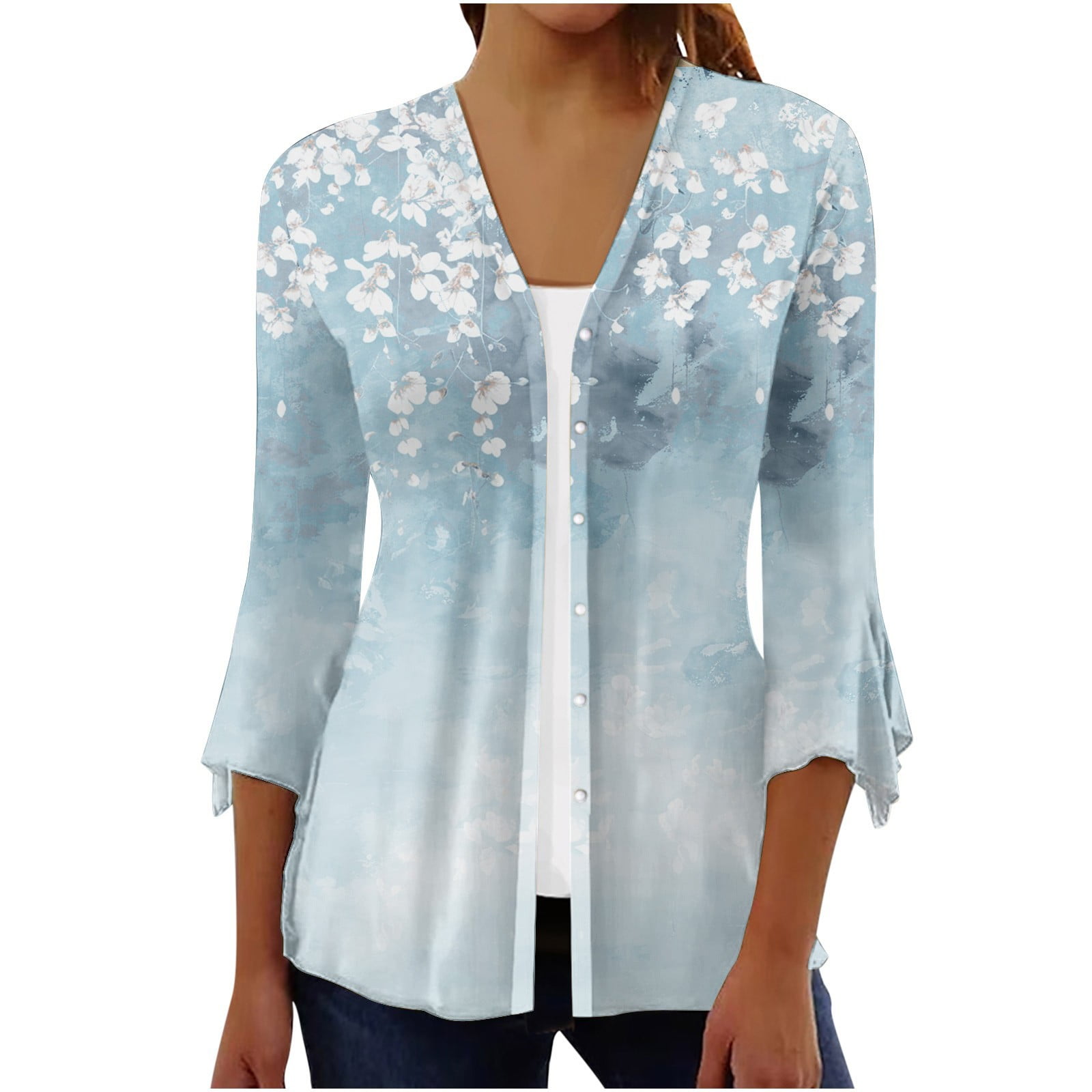 Xdegoge Women's Floral Pattern Open Front Cardigan Three Quarter Sleeve ...